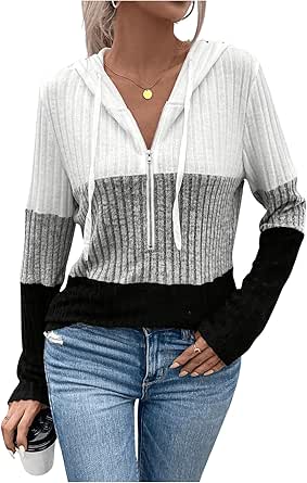 RoseSeek Women's Colorblock Drawstring Hoodie Tee Shirt Long Sleeve ...