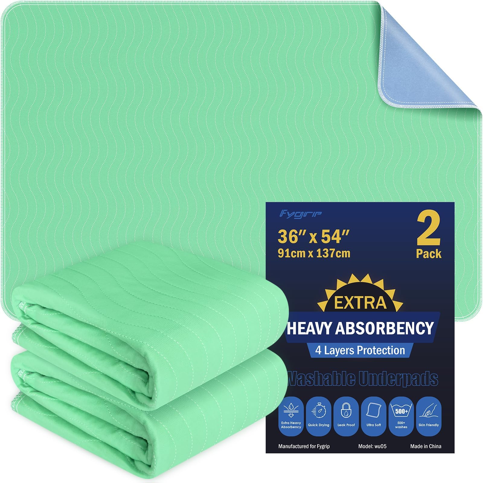 2 Pack 36” x 54” Extra Heavy Absorbency Washable Underpads, Waterproof Nursing Pads Incontinence ...