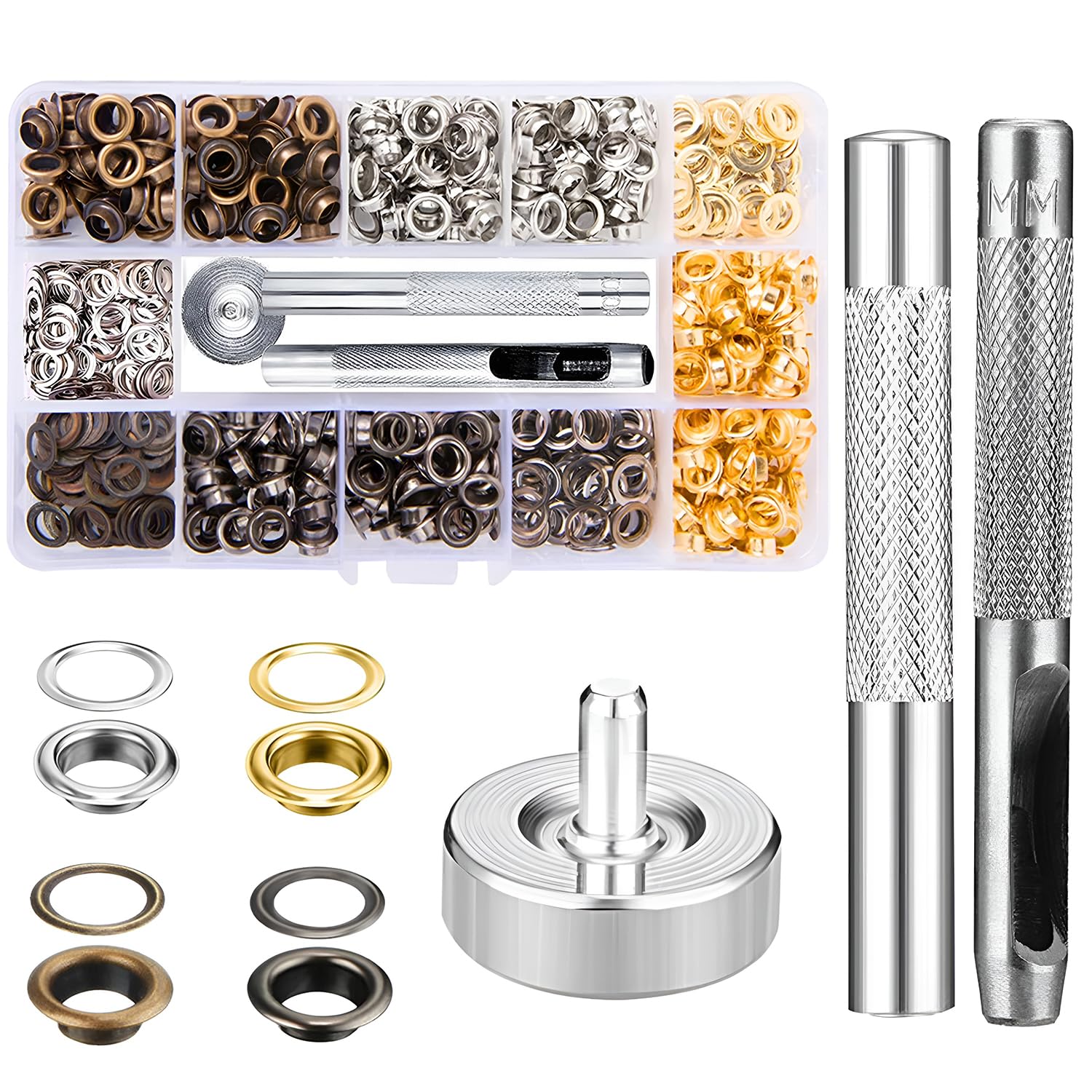 200PCS Eyelet Punch Kit, 5MM Grommet Tool, Metal Eyelets Brass Gold ...