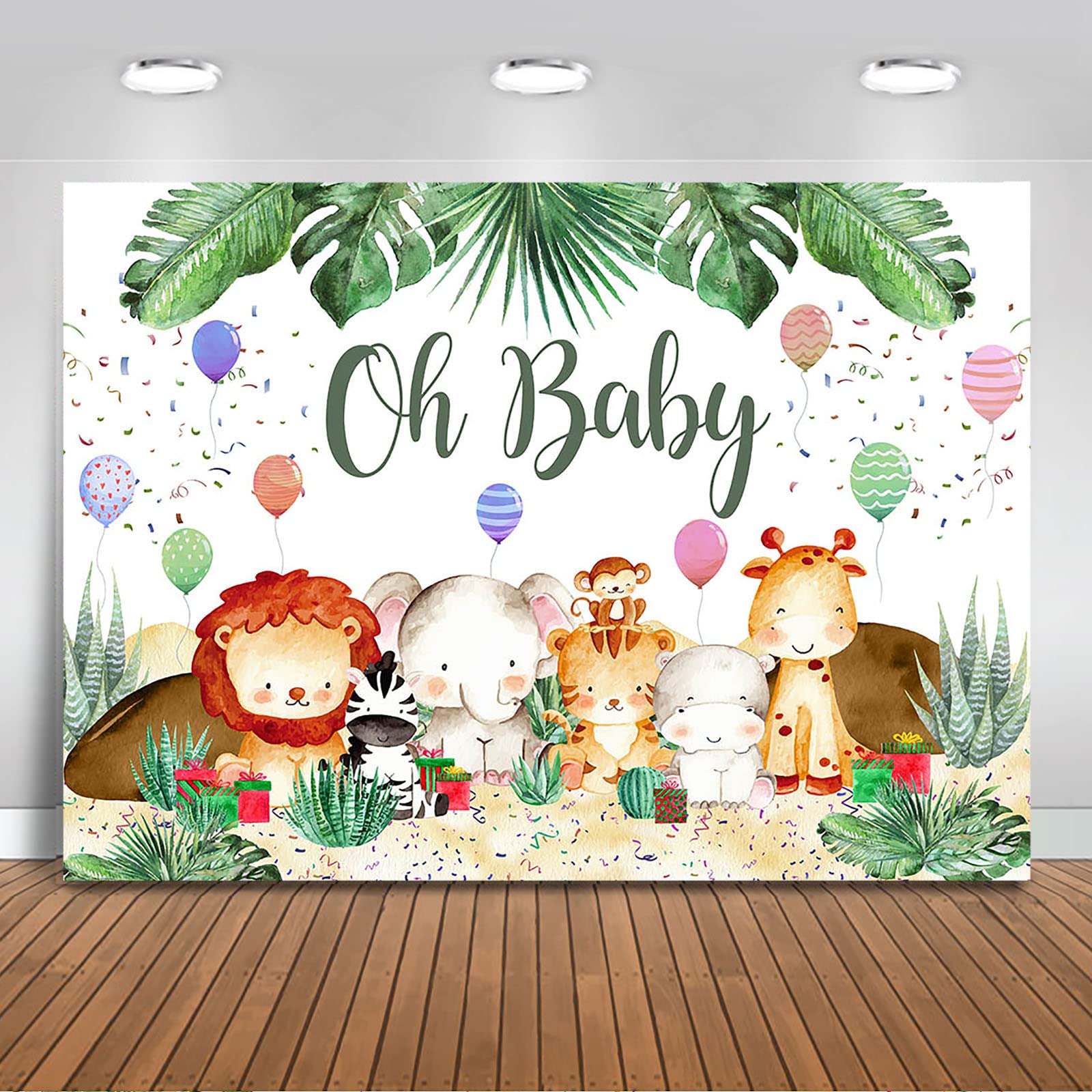 Mocsicka Oh Baby Backdrop 7x5ft Jungle Safari Animals Greenery Balloons ...