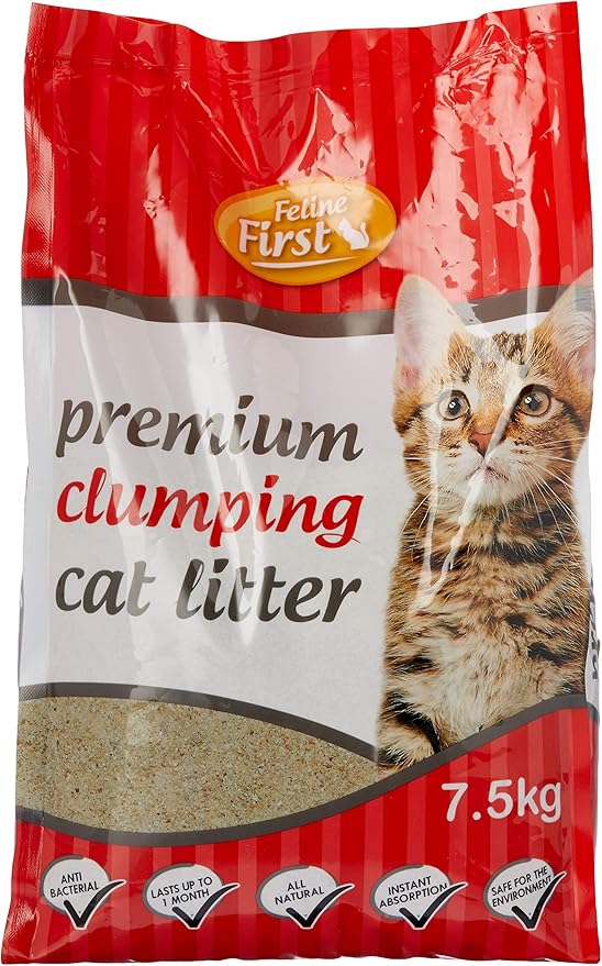 Feline First Clumping Cat Litter, 7.5kg - Rapid Liquid Absorption, Low ...