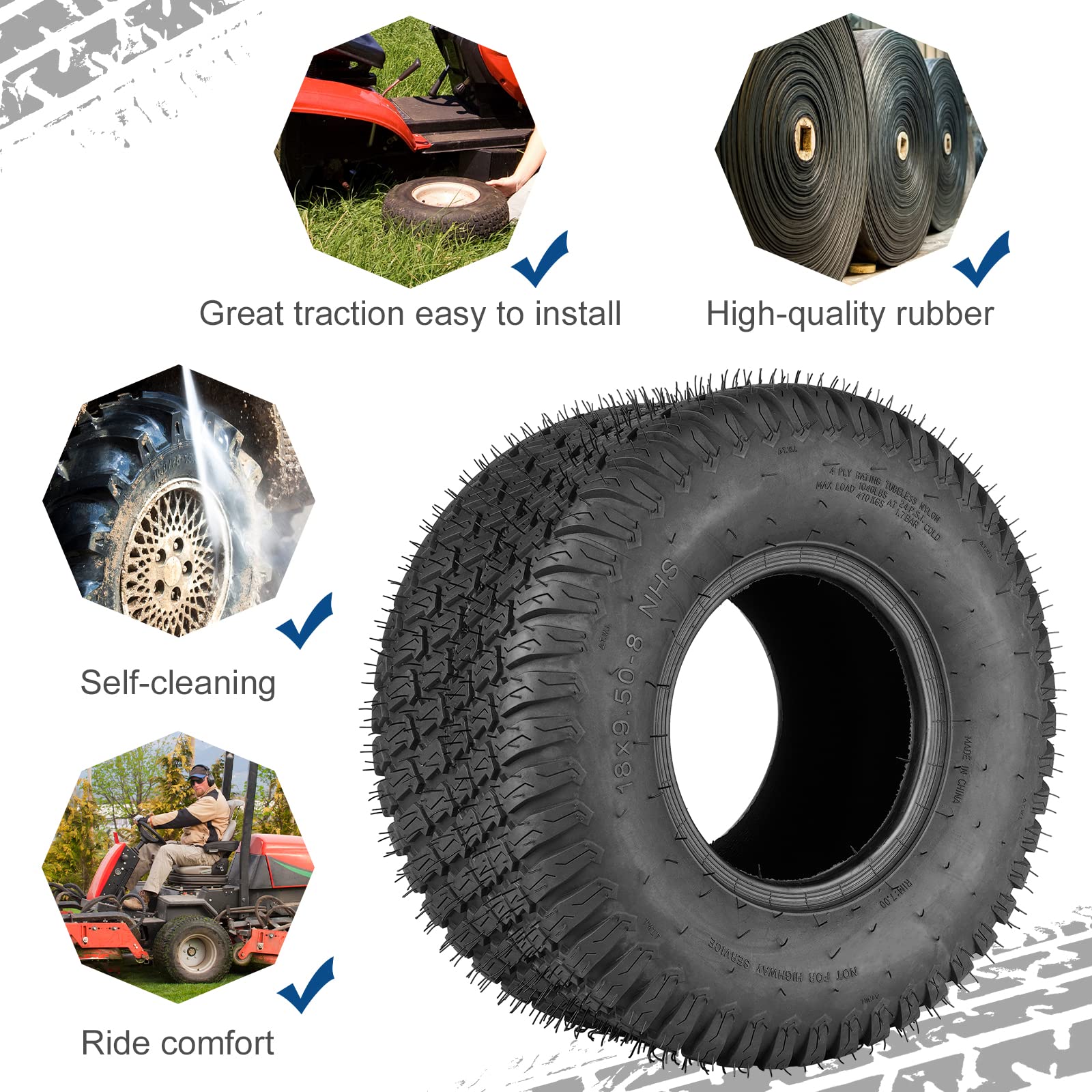 2 Pack 18x9.50-8 Pneumatic 4pr Tubeless Tires for Riding Lawn Mower ...