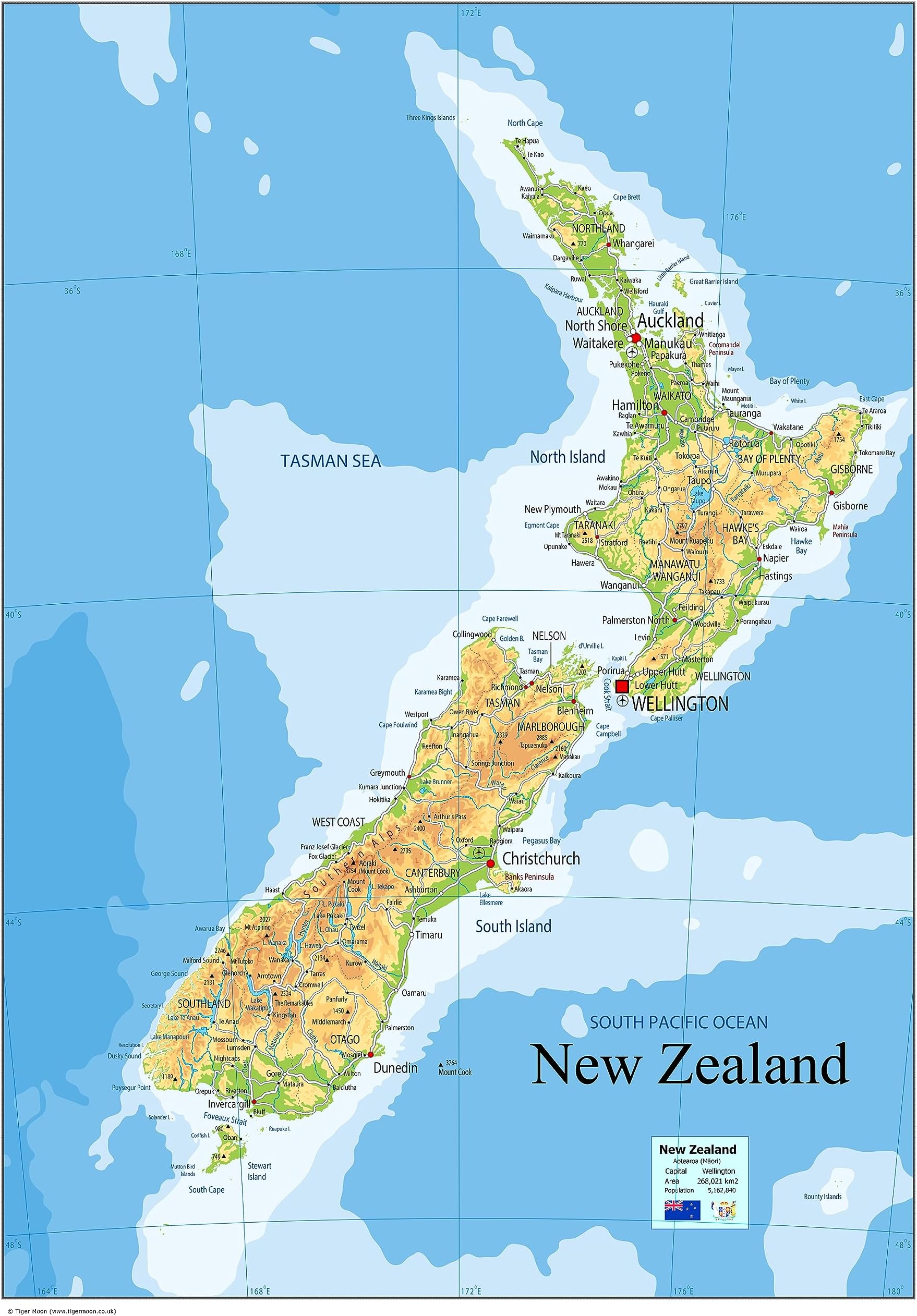 Physical Map of New Zealand - The Oxford Collection - Size A2 - Paper ...