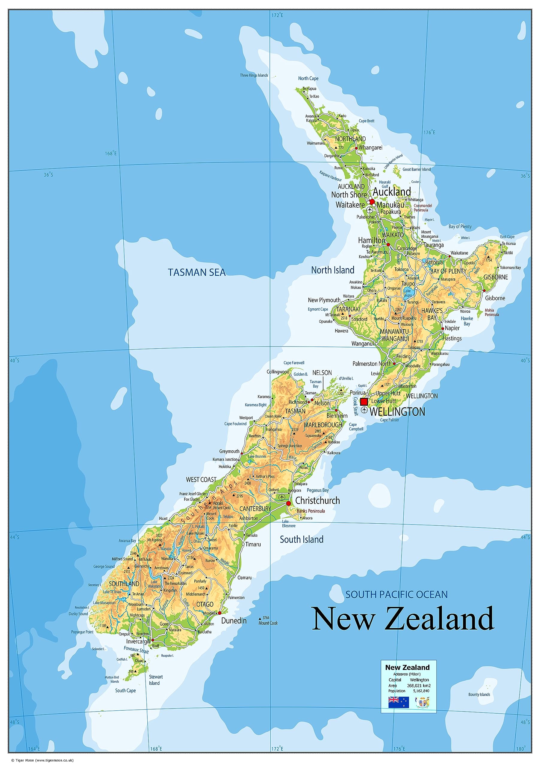 Physical Map Of New Zealand The Oxford Collection Size A2 | Desertcart ...