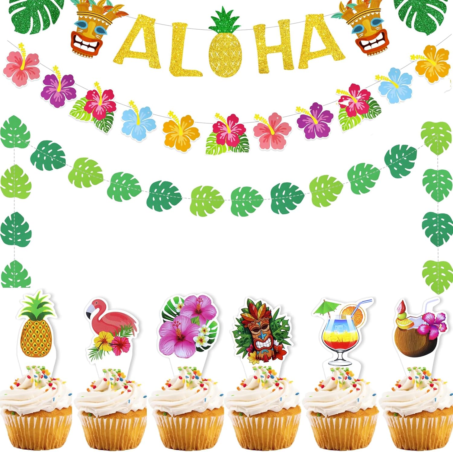 Amazon.com: 24 PCS Hawaiian Luau Cupcake Toppers and Hawaiian Aloha ...