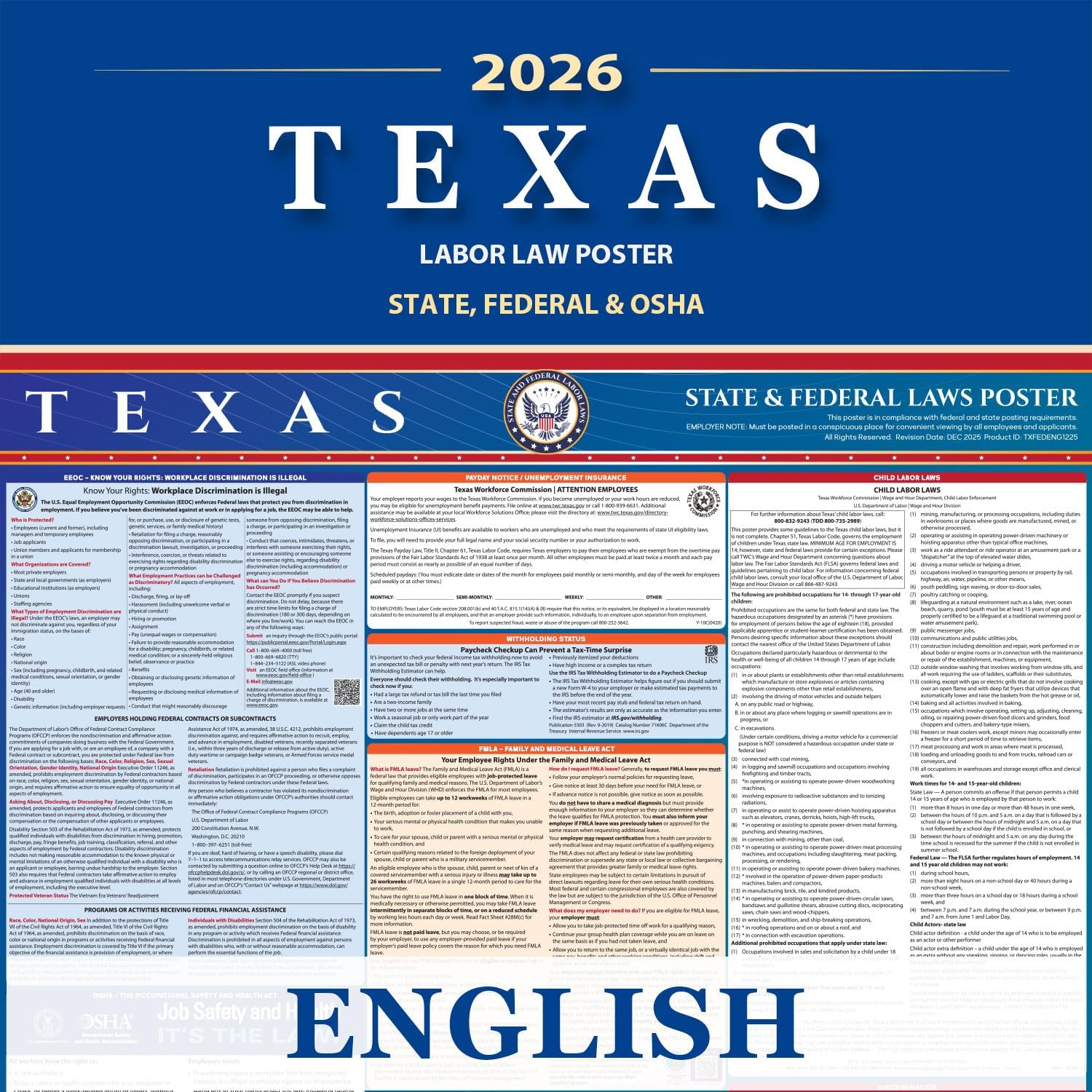 Amazon.com : Texas Labor Law Poster State, Federal, OSHA Compliant ...