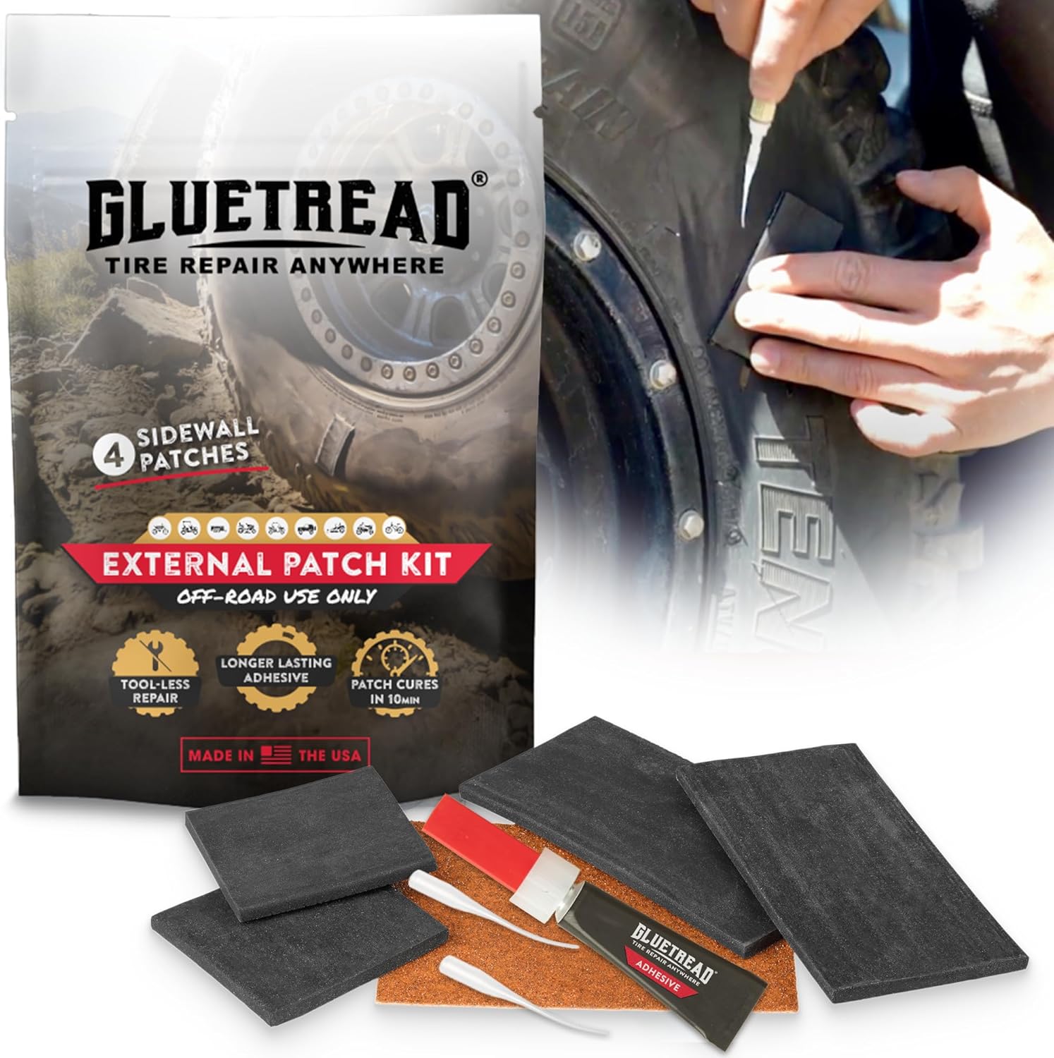 GlueTread External Patch Kit - for Tubeless Tires - No Need to Remove ...