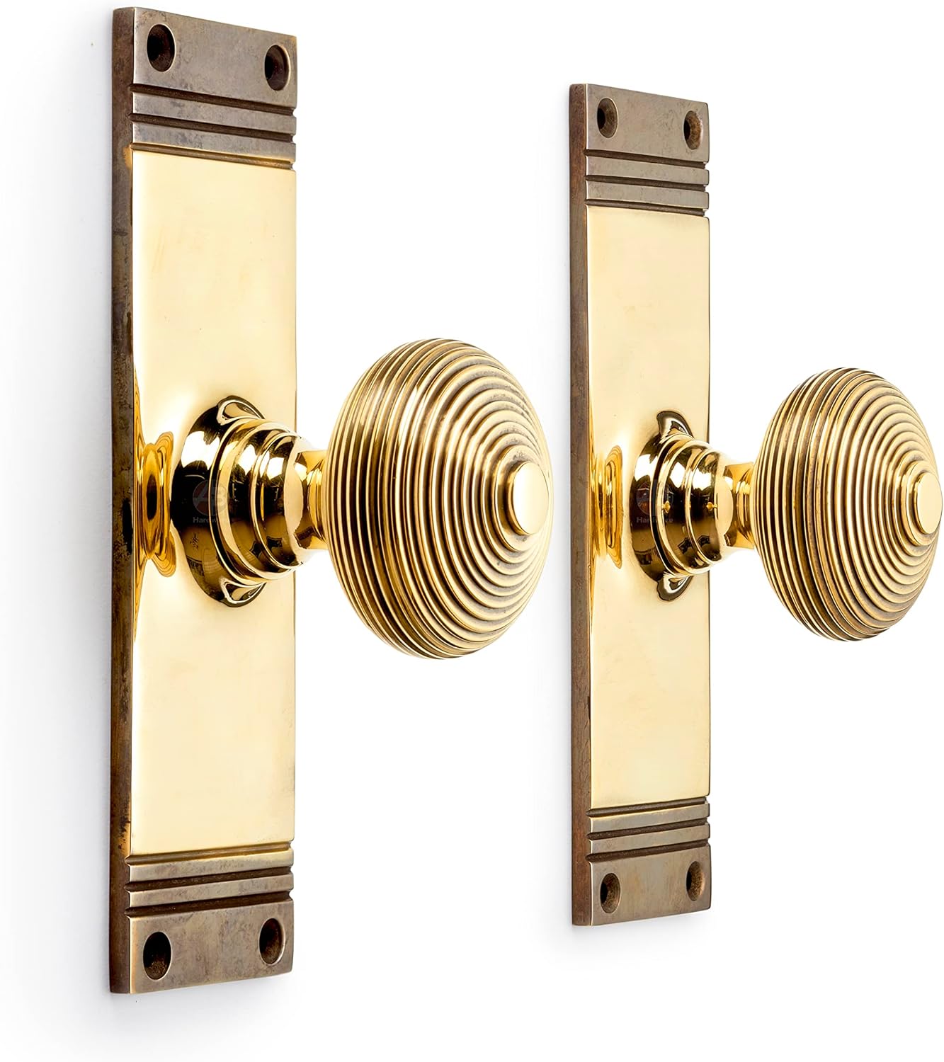 AB Hardware Solid Brass Beehive Door Knobs On Backplate Mortice Reeded Pair Set (Aged Brass ...