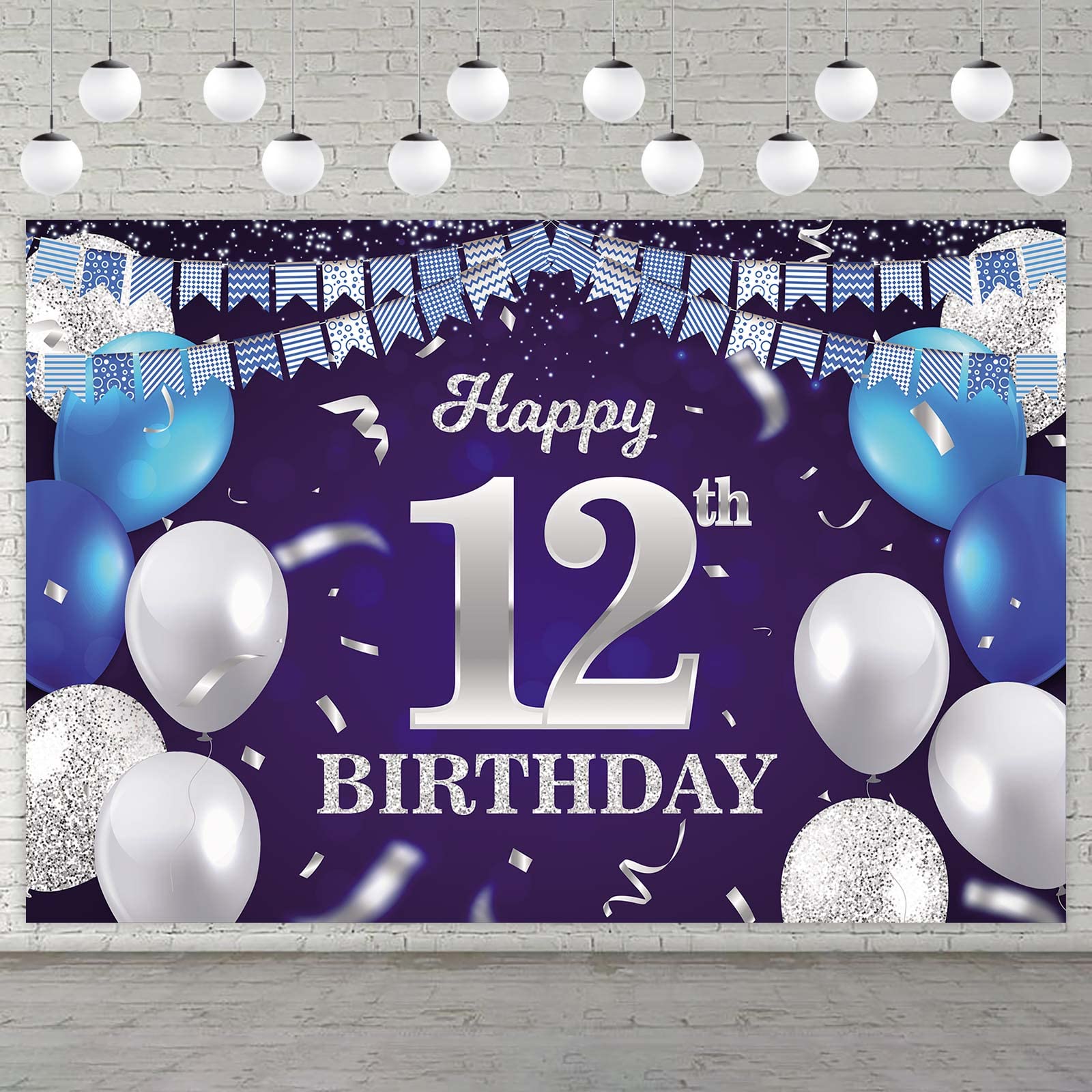 Amazon.com: Happy 12th Birthday Banner Backdrop Navy Blue Balloons ...