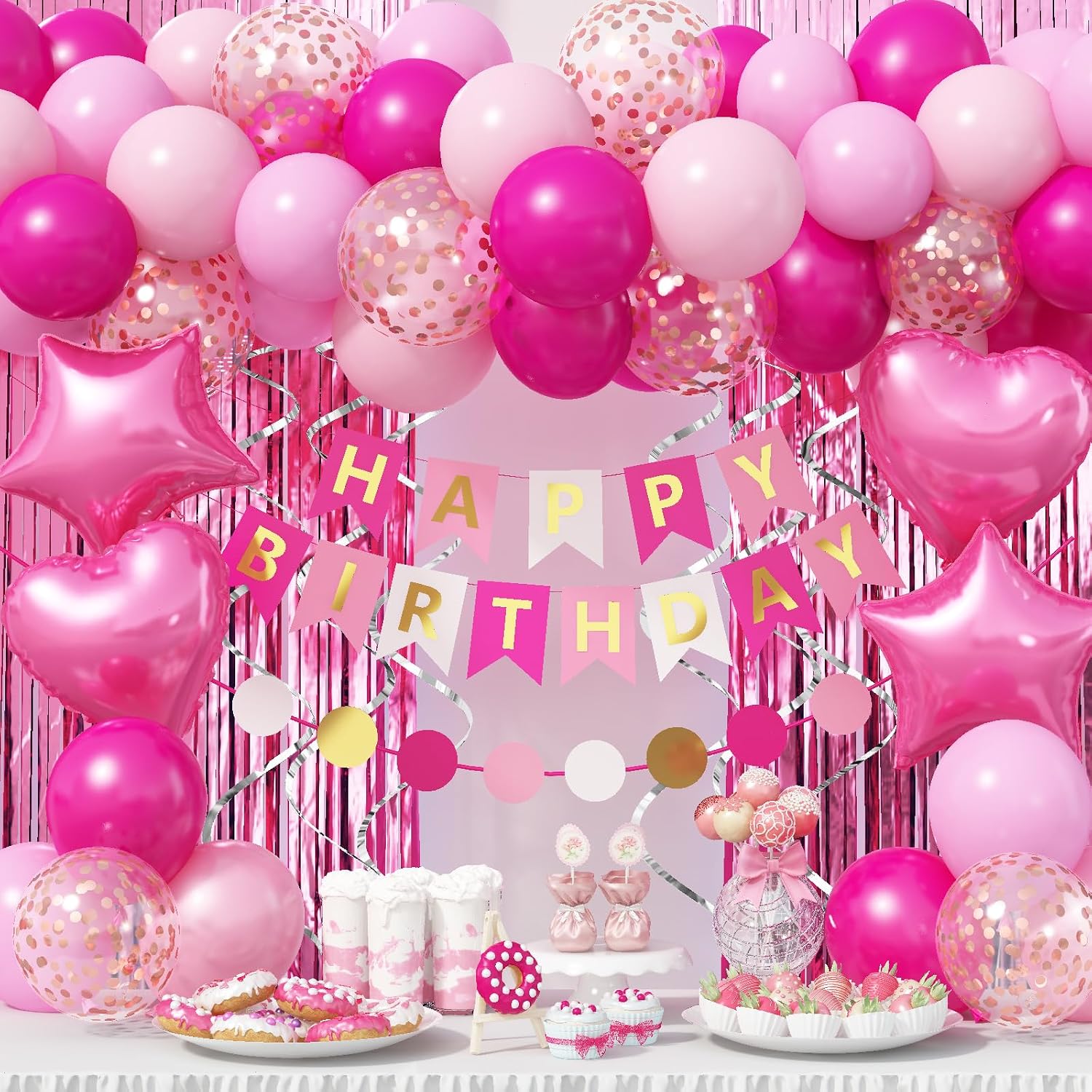 Amazon.com: Jobkoo Pink Birthday Decorations for Girls, Hot Light Pink ...