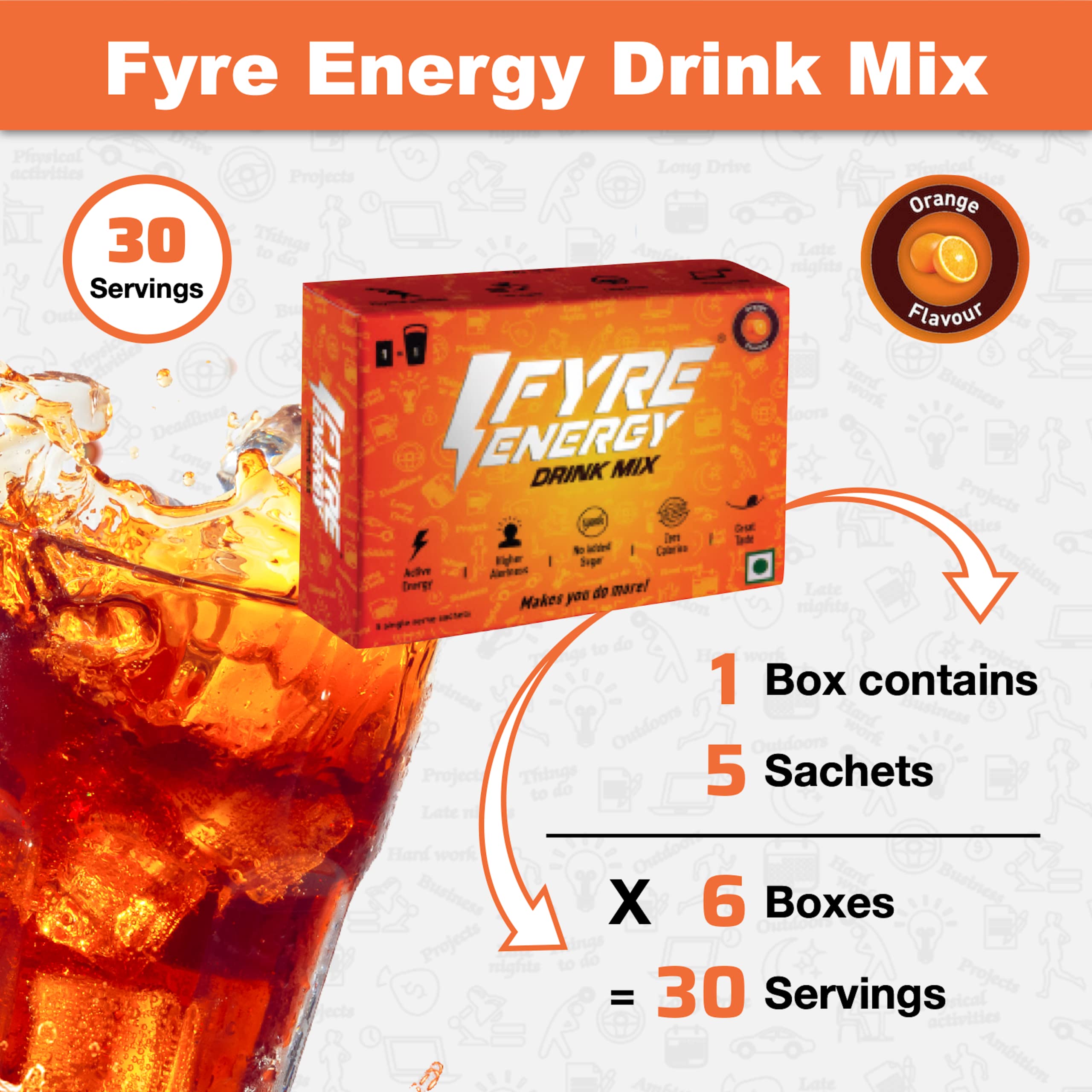 Fyre Energy Drink Mix Orange Flavour for Energy, Alertness, No Added ...