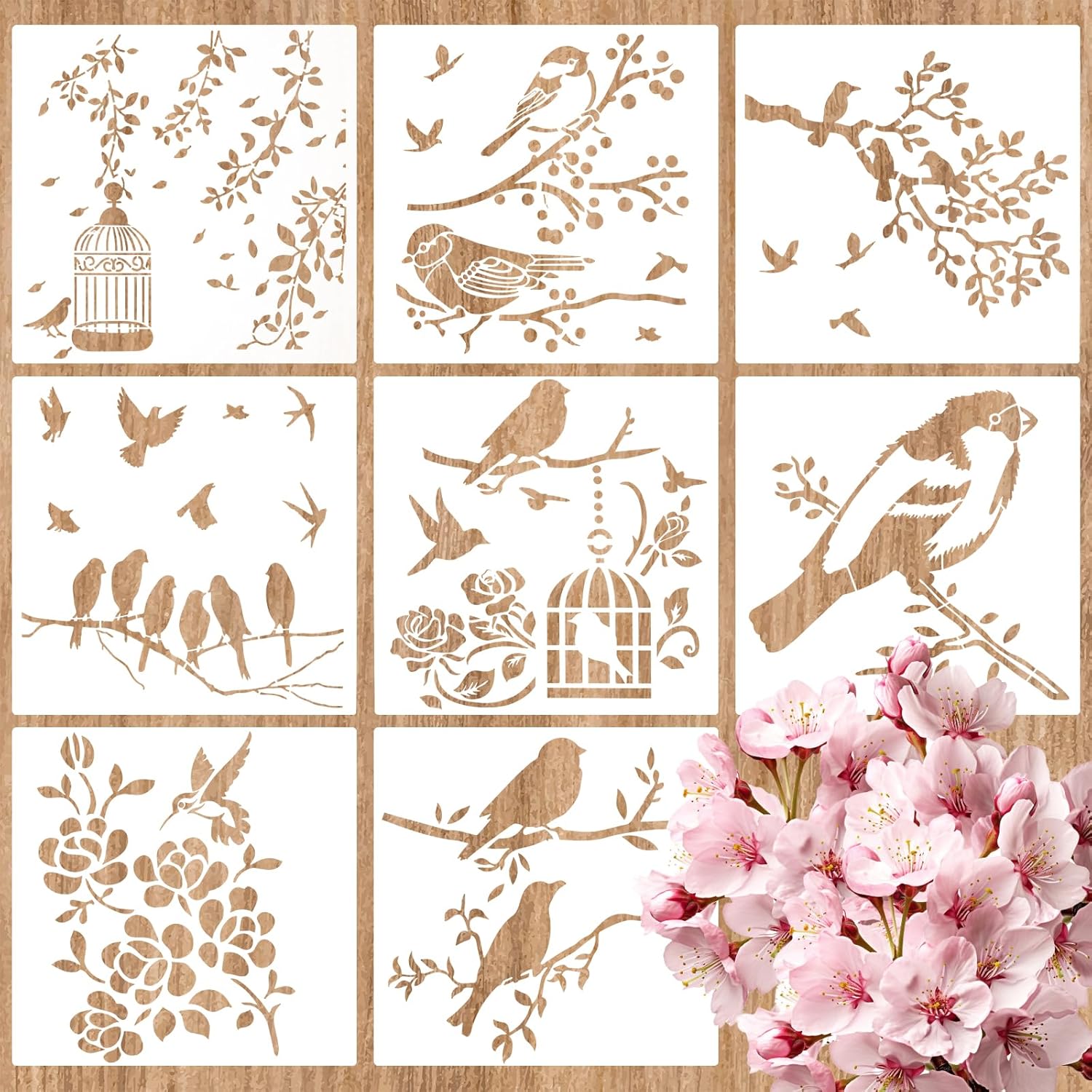 8 Pieces Birds Stencils for Painting, 23 x 23 cm Bird Tree Branches ...