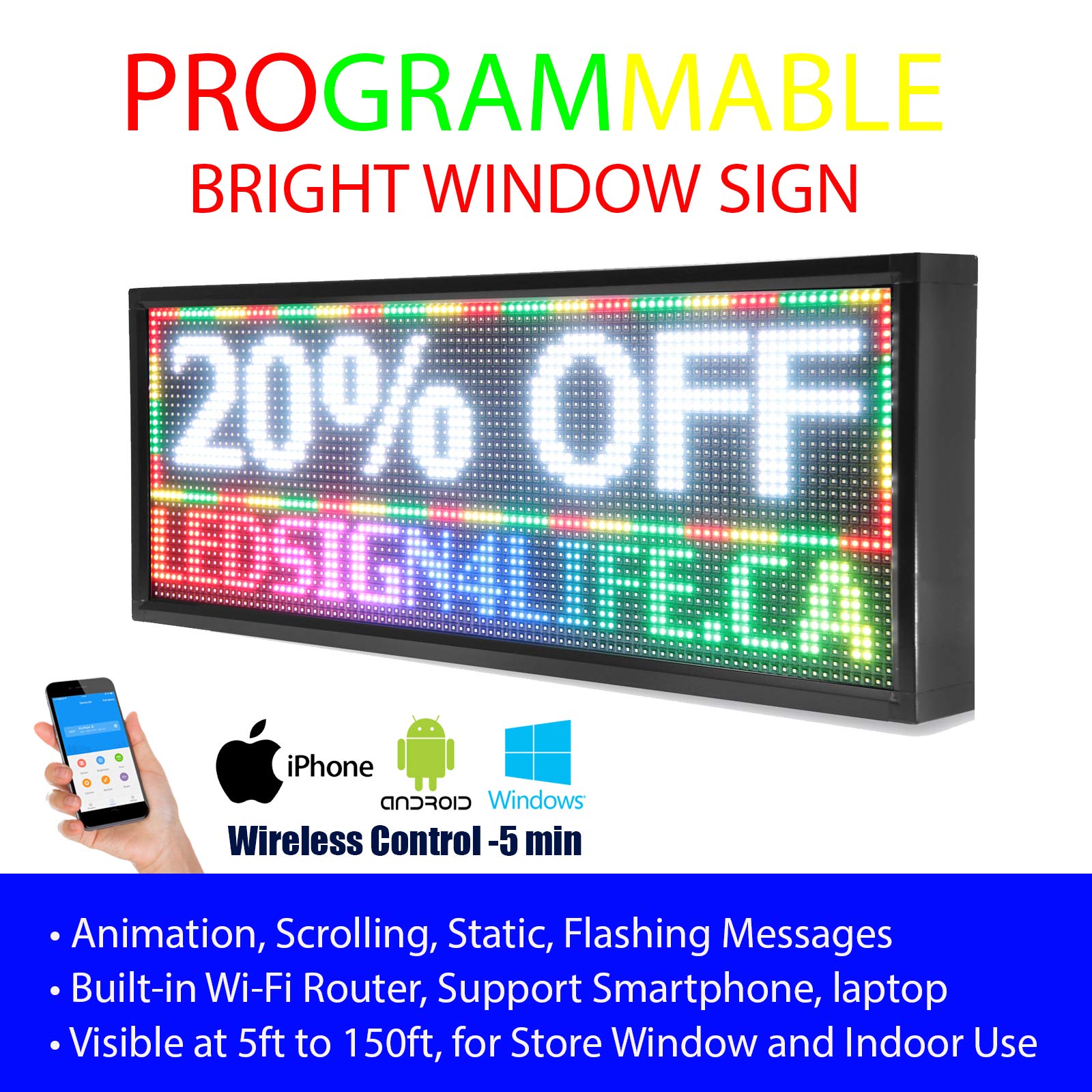 Full Color Led Window Signs PH5 Mm Programmable Scrolling LED Sign