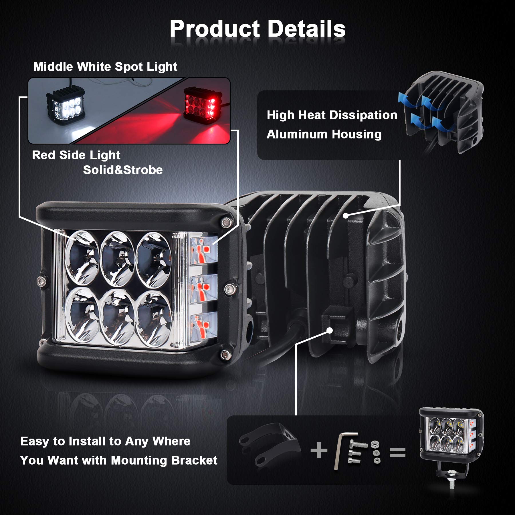OVOTOR Side Shooter LED Pod Lights With Strobe Dual Side Red DRL, 4inch ...