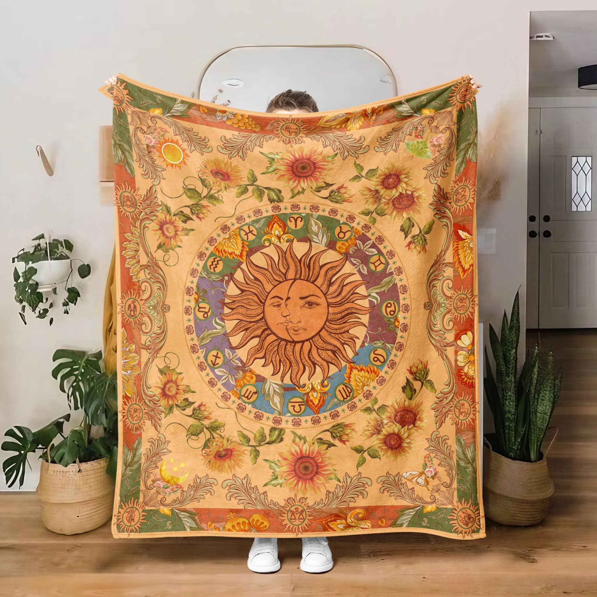 Amazon.com: Boho Sun Moon Blanket, Golden Sun Moon Stars Starlight ...