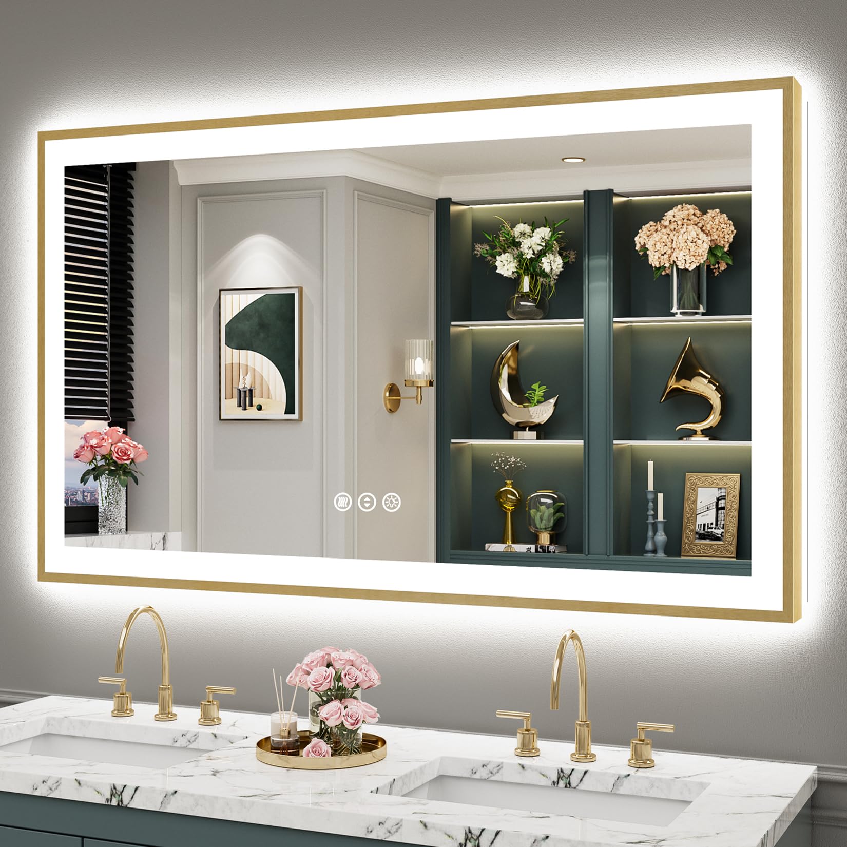Snapklik.com : AWANDEE 55x30 Gold Framed LED Bathroom Mirror