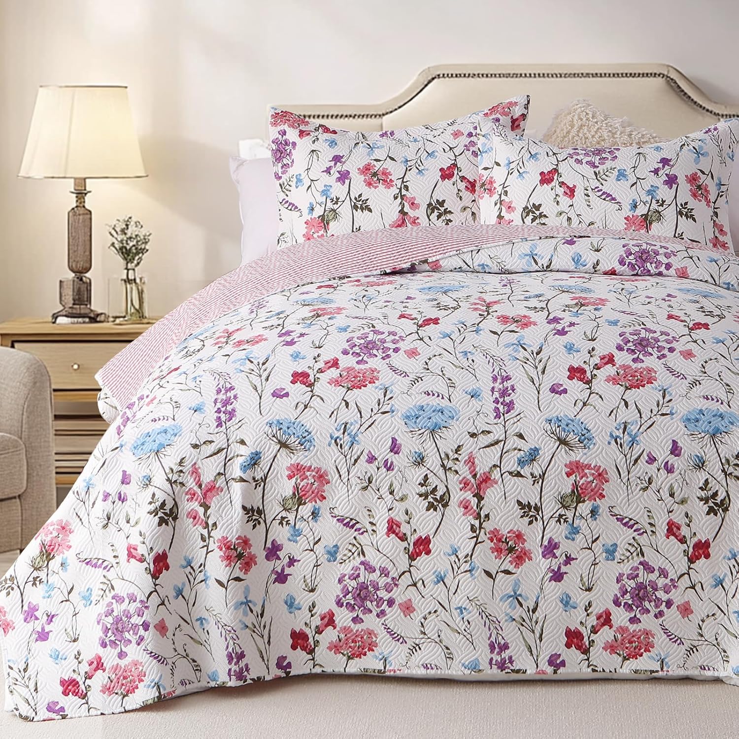 Amazon.com: GOONE Queen Size Floral Quilt Set, Queen Quilt with Pink ...