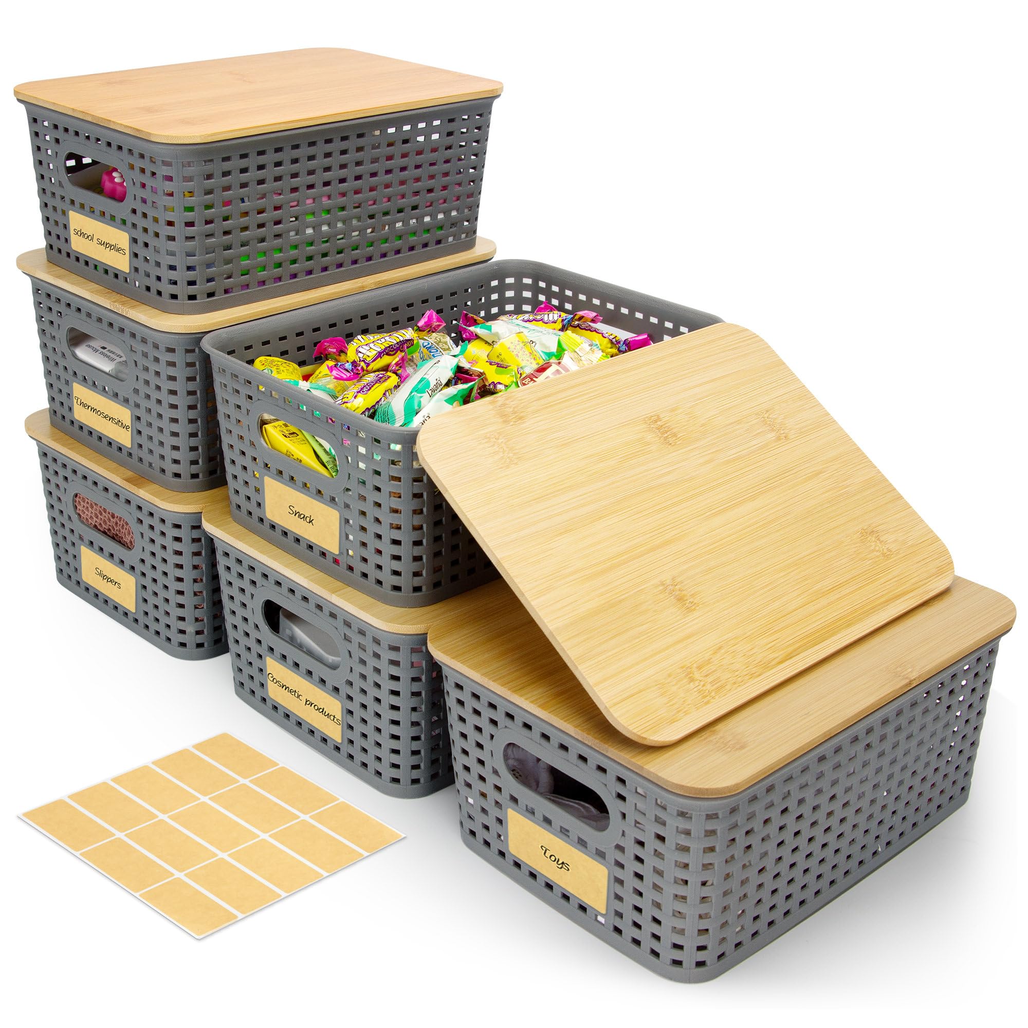 Amazon.com - MOSANEE Small Plastic Storage Bins with Bamboo Lids 6 ...