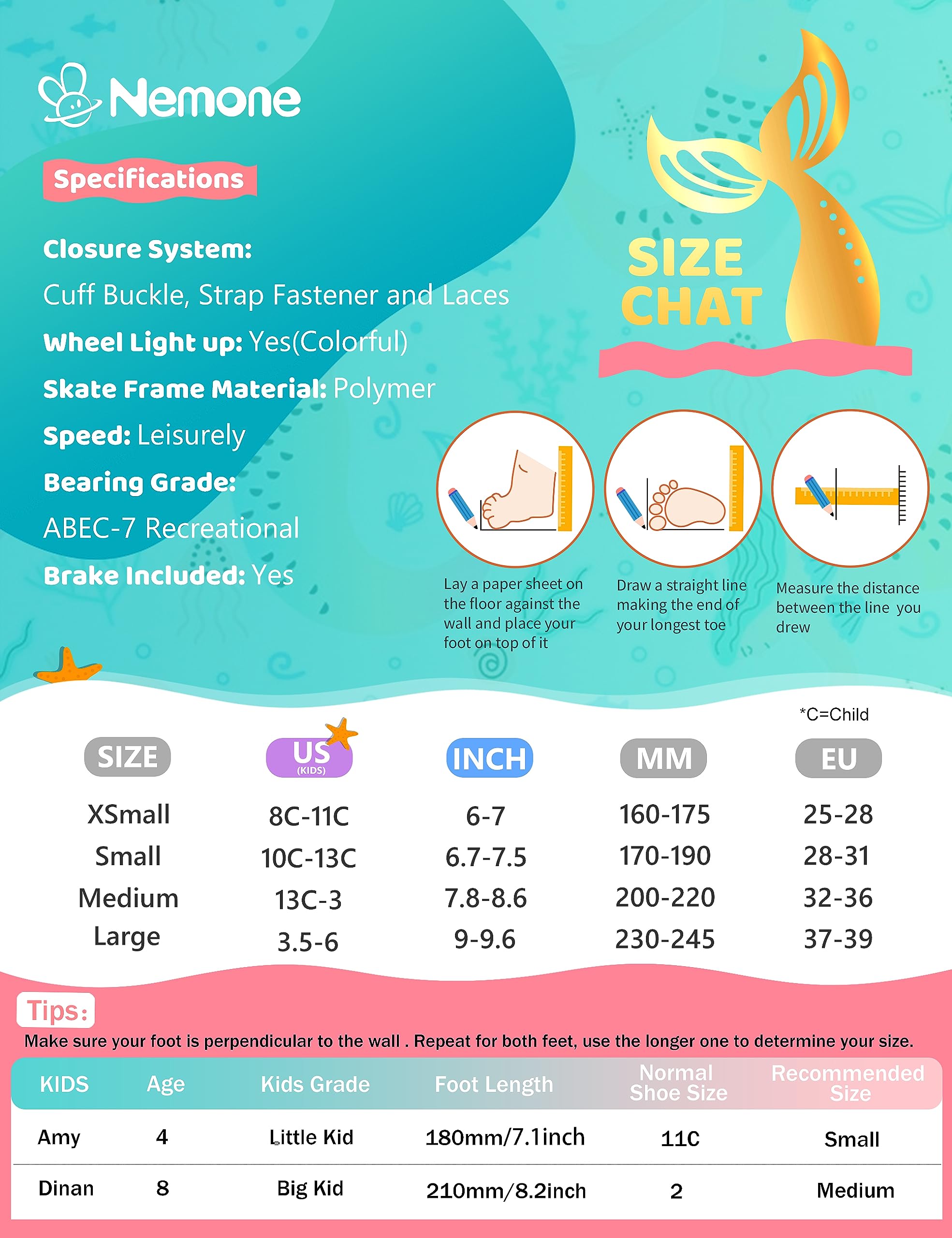 NEMONE Mermaid 4 Size Adjustable Light up Roller Skates for Girls ...