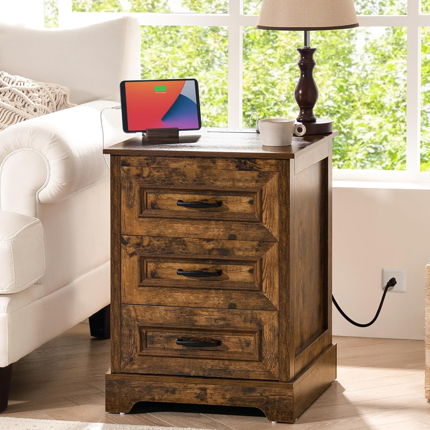 Amazon.com: Curlaky Farmhouse Nightstand with Charging Station, Wood ...