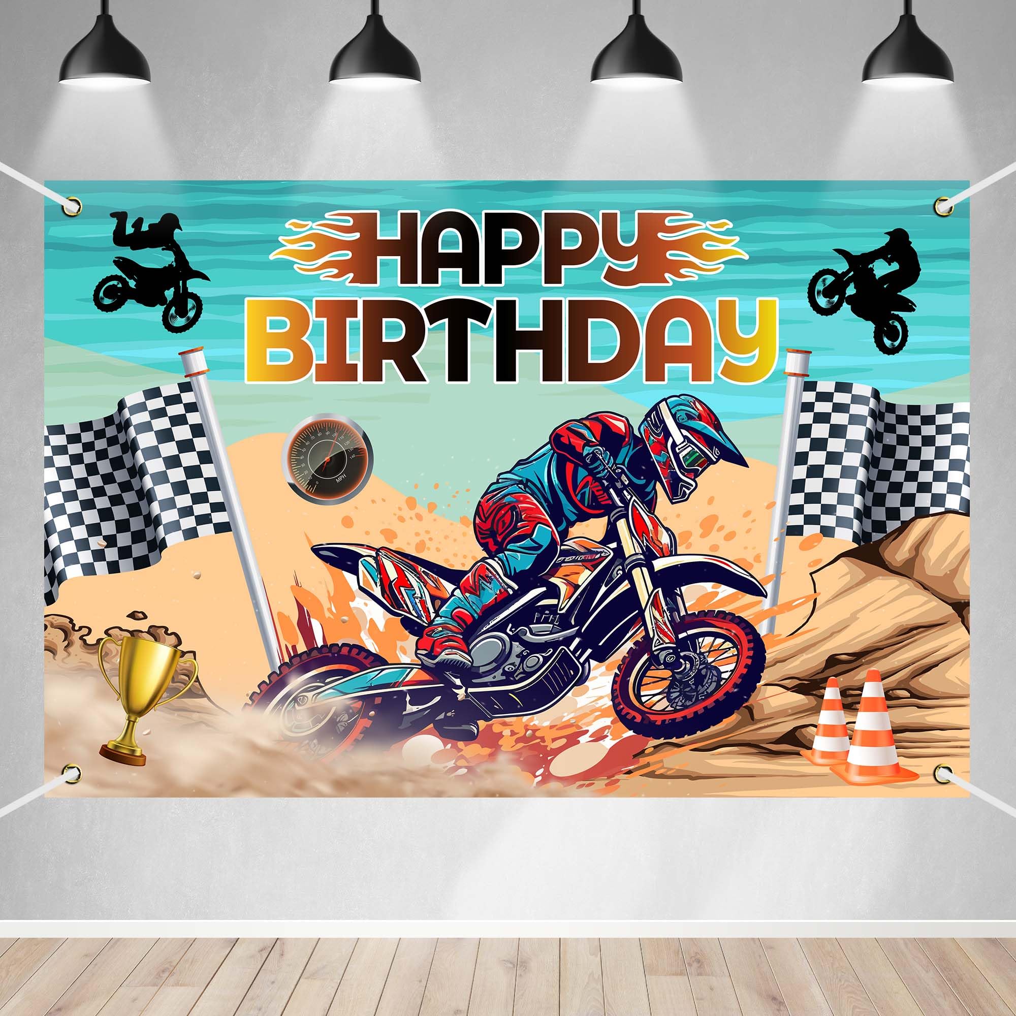 Amazon.com: Dirt Bike Happy Birthday Party Banner Backdrop Motocross ...