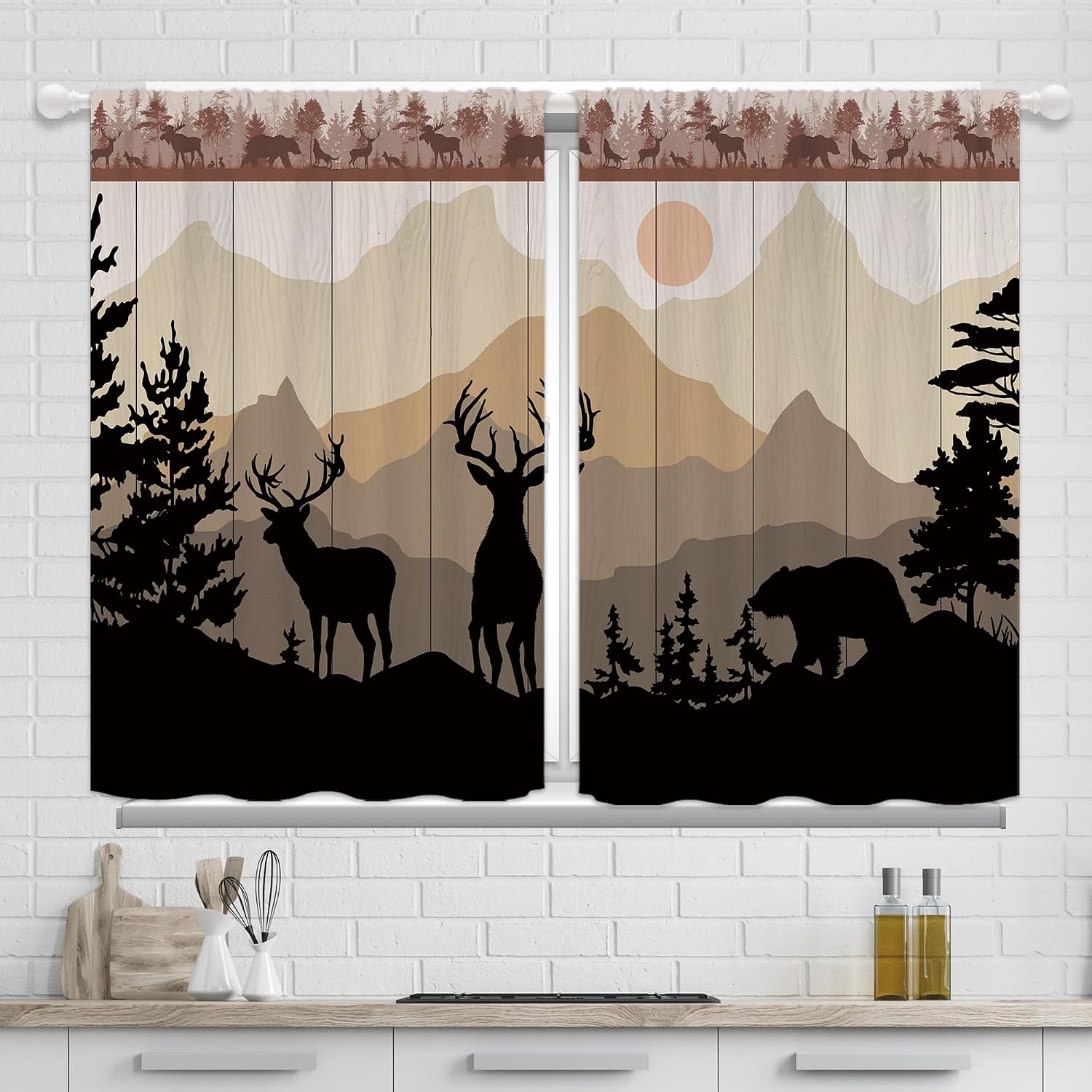 Amazon.com: Yorida Forest Deer Cabin Kitchen Curtains Rustic Country ...