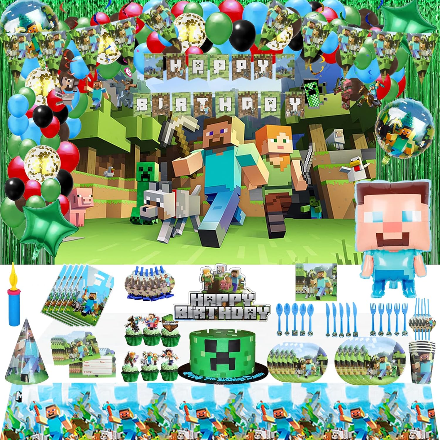 Amazon.com: 286PCS Miner Birthday Party Supplies, Pixel Birthday ...