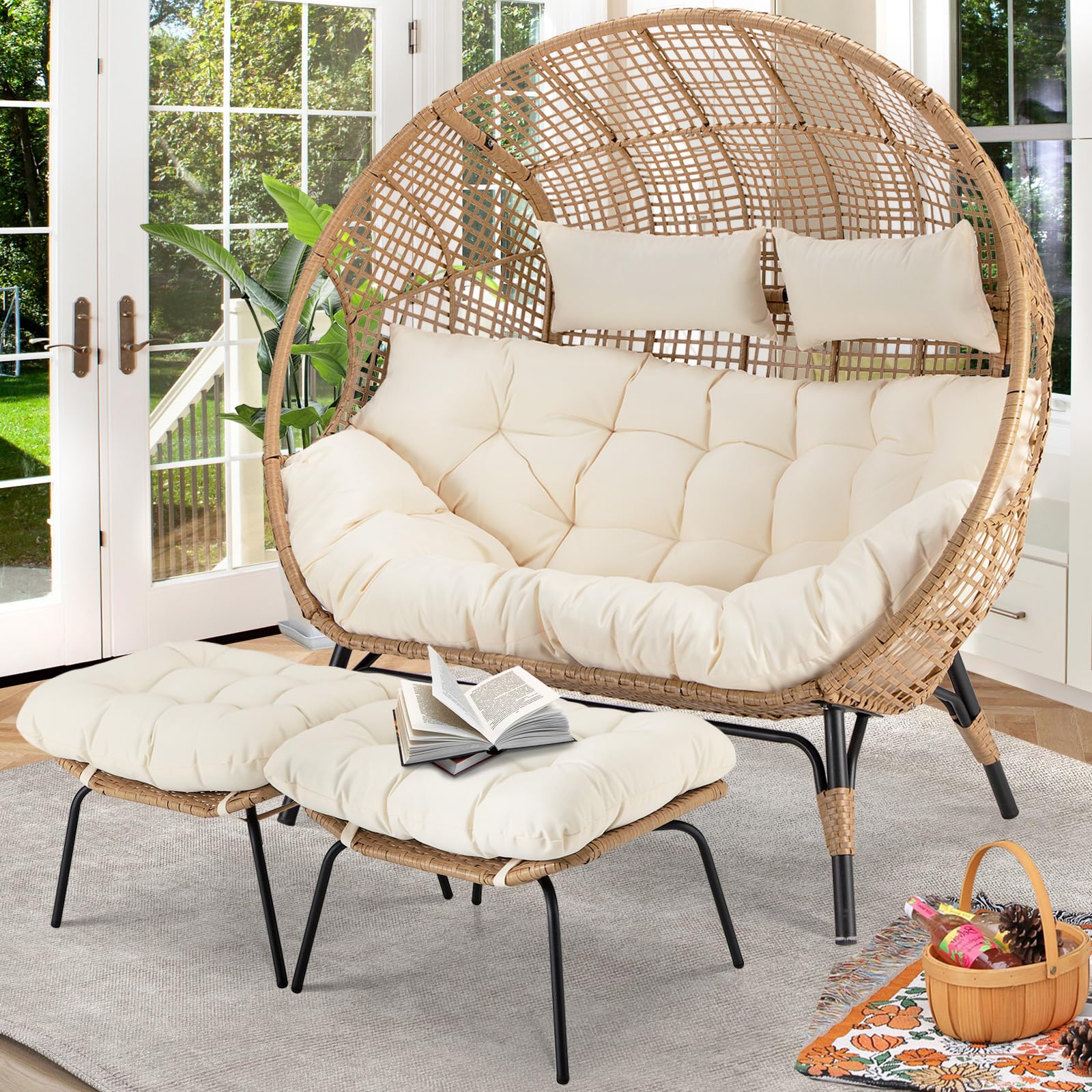 Amazon.com: OUTPLATIO 2 Person Egg Chair with Ottomans Outdoor Wicker ...