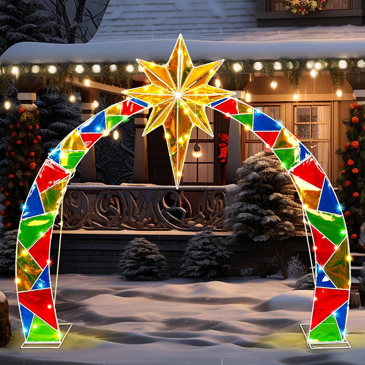 3.28 ft Christmas Nativity Scene Lighted Arch with Star of Bethlehem Colorful Mosaic Archway ...
