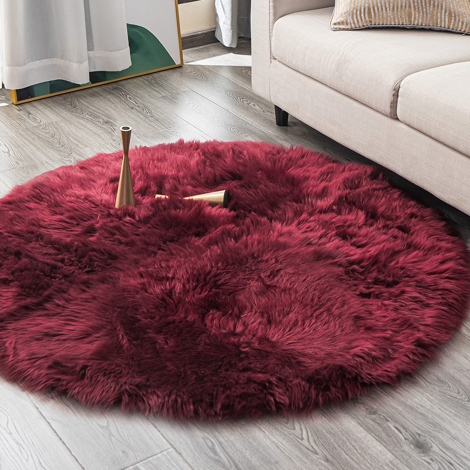 Carvapet Faux Sheepskin Fur Area Rug Round Fake Fur Throw Rug Fluffy ...