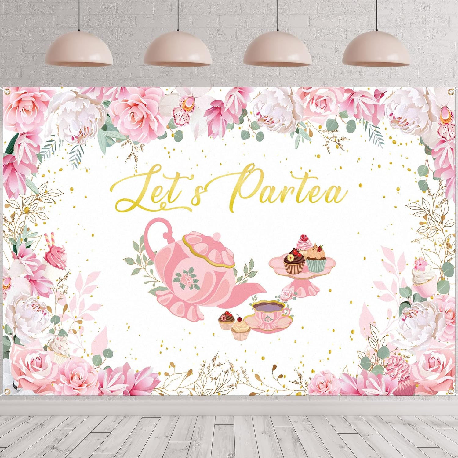 Amazon.com : Tegeme Let's Partea Party Backdrop Tea Party Banner ...