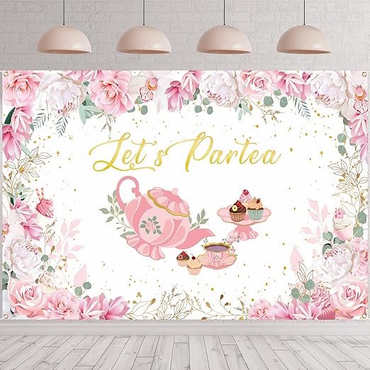 Amazon.com : Tegeme Let's Partea Party Backdrop Tea Party Banner ...