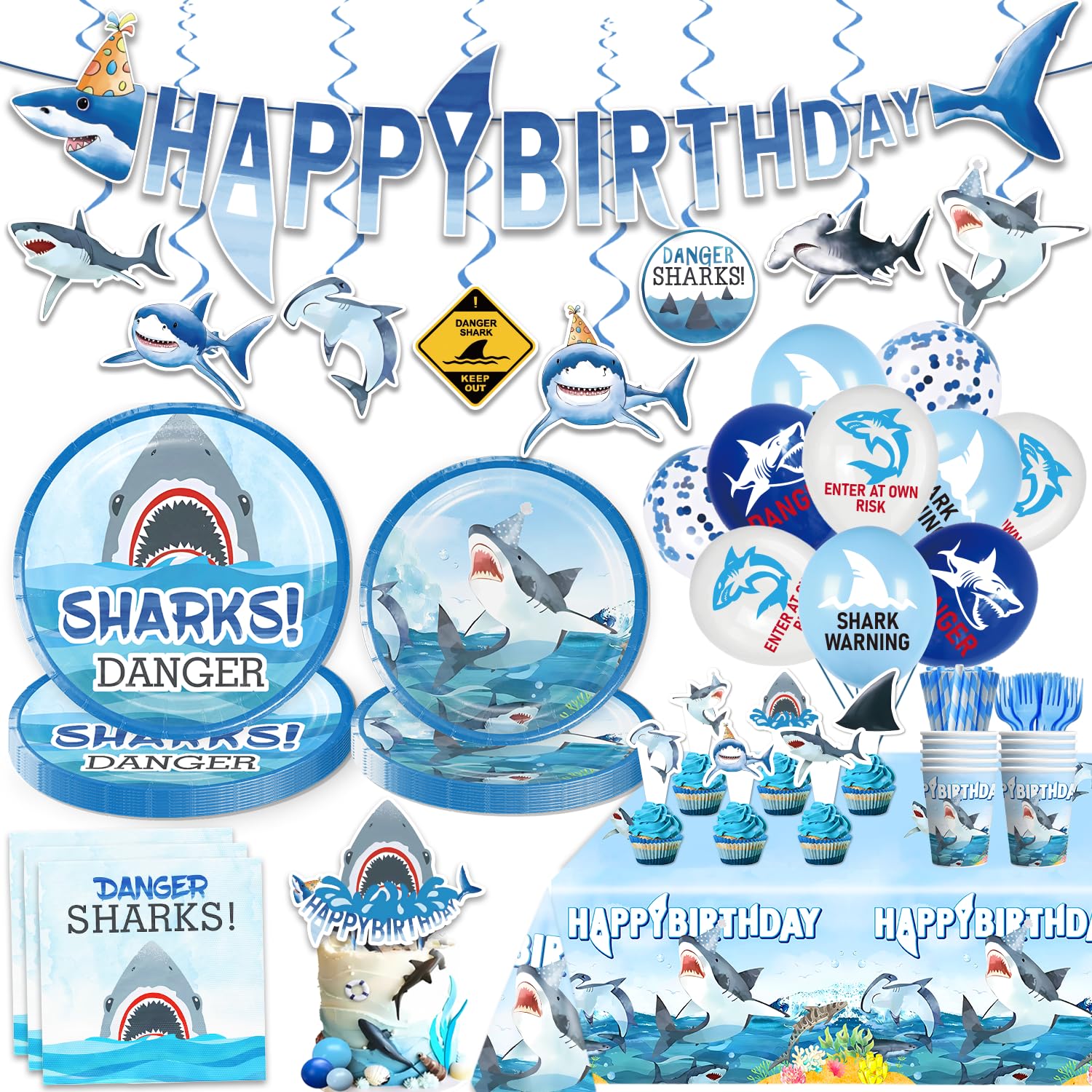 Amazon.com: cocomigo 197 Pcs Shark Birthday Party Decorations Tableware ...