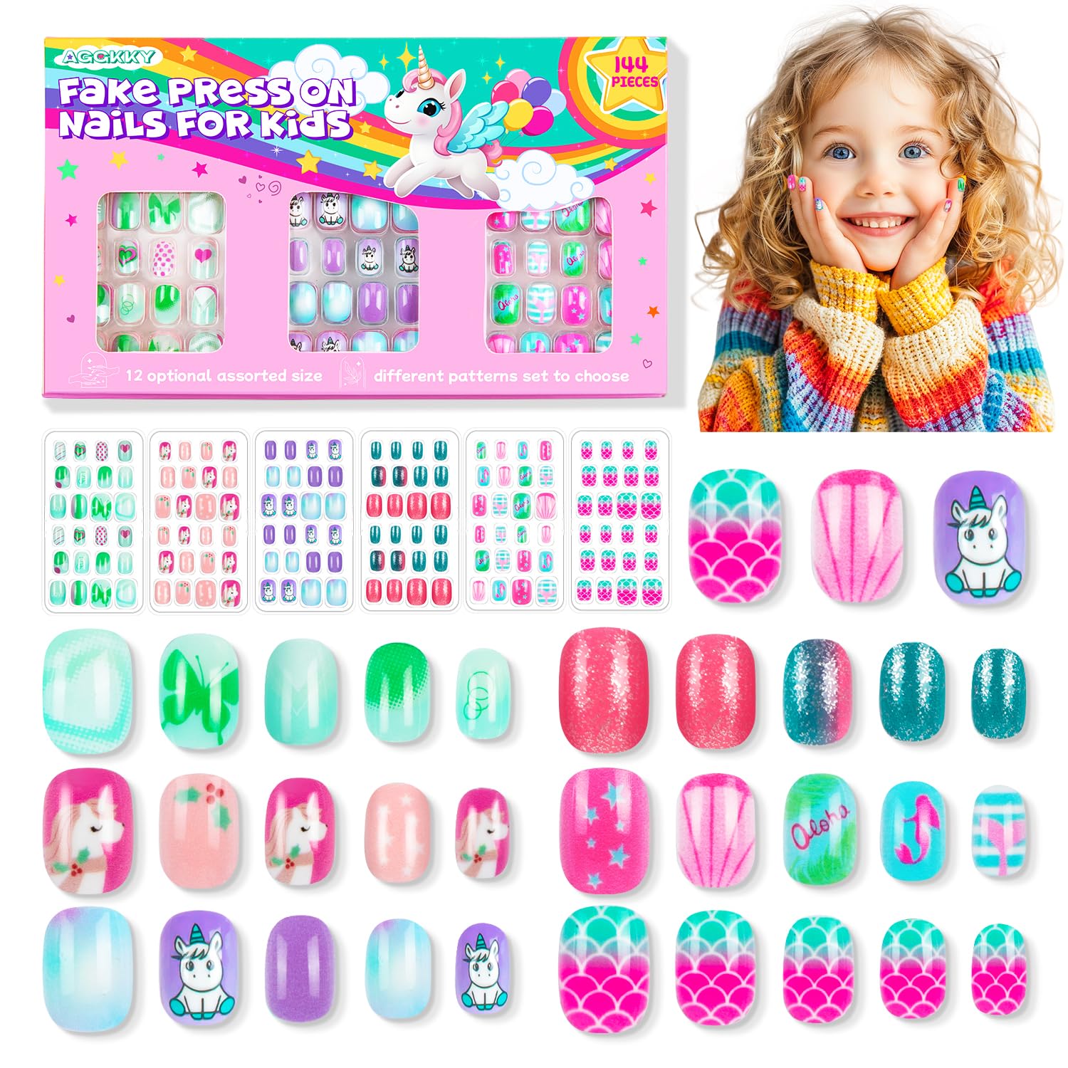 Amazon.com: 144 Pieces 6 Pack Kids Press on Nails Artificial Fake Nails ...
