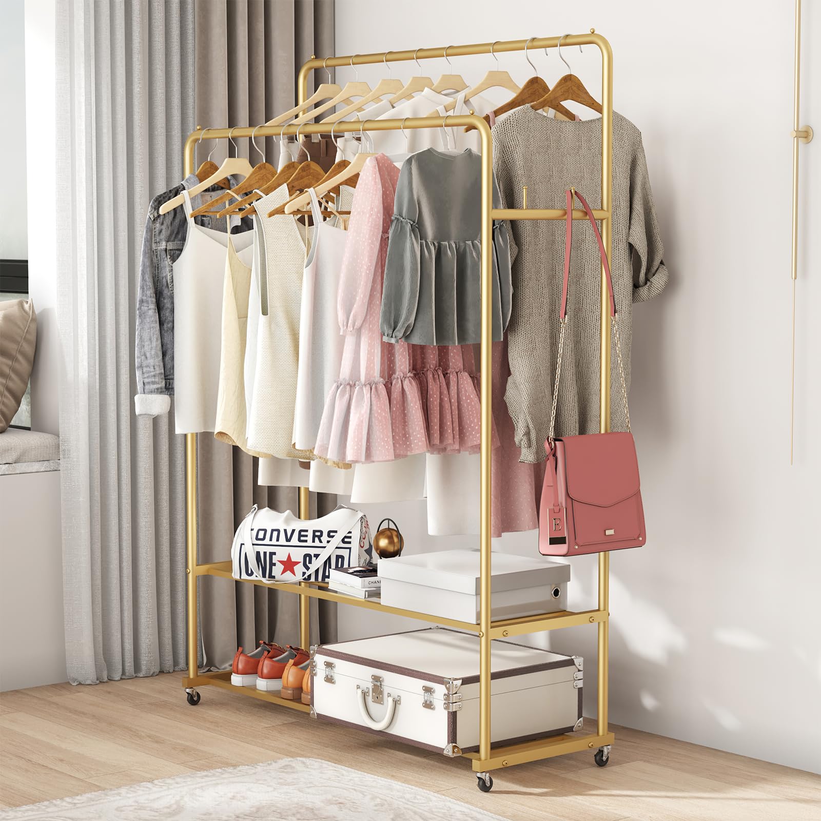 Snapklik.com : Double Rod Rolling Gold Clothing Garment Rack, Metal ...