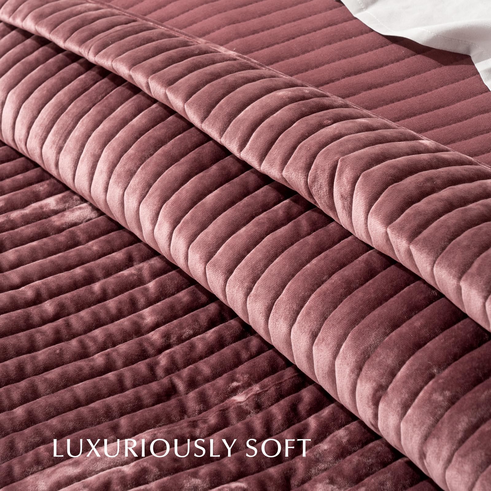 Velvet Quilt Set King Size, Luxurious Soft Striped Channel Bedding Set ...