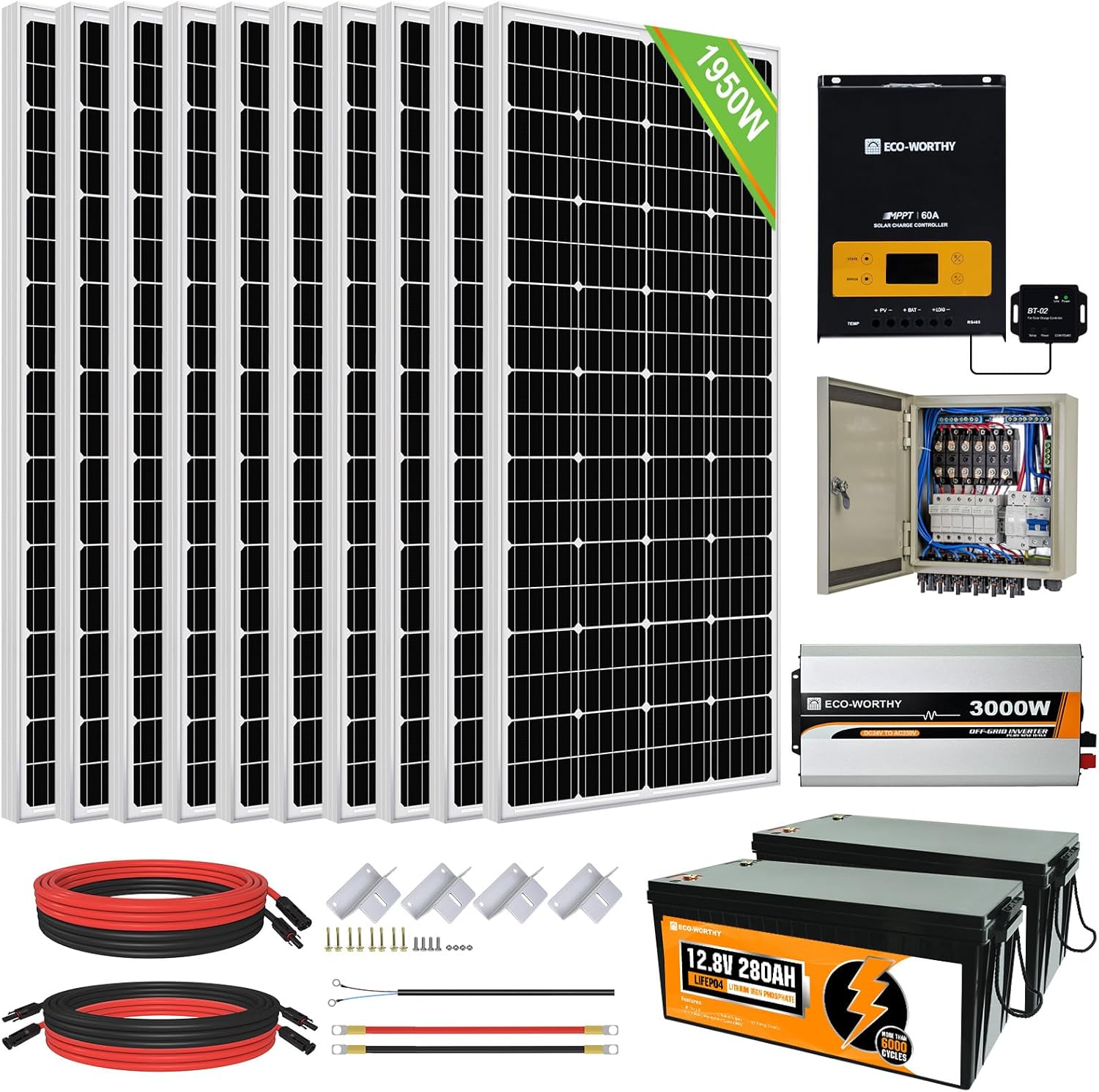 Amazon.com : ECO-WORTHY 8KWh 2000W 24V MPPT Solar Power Kit System for ...