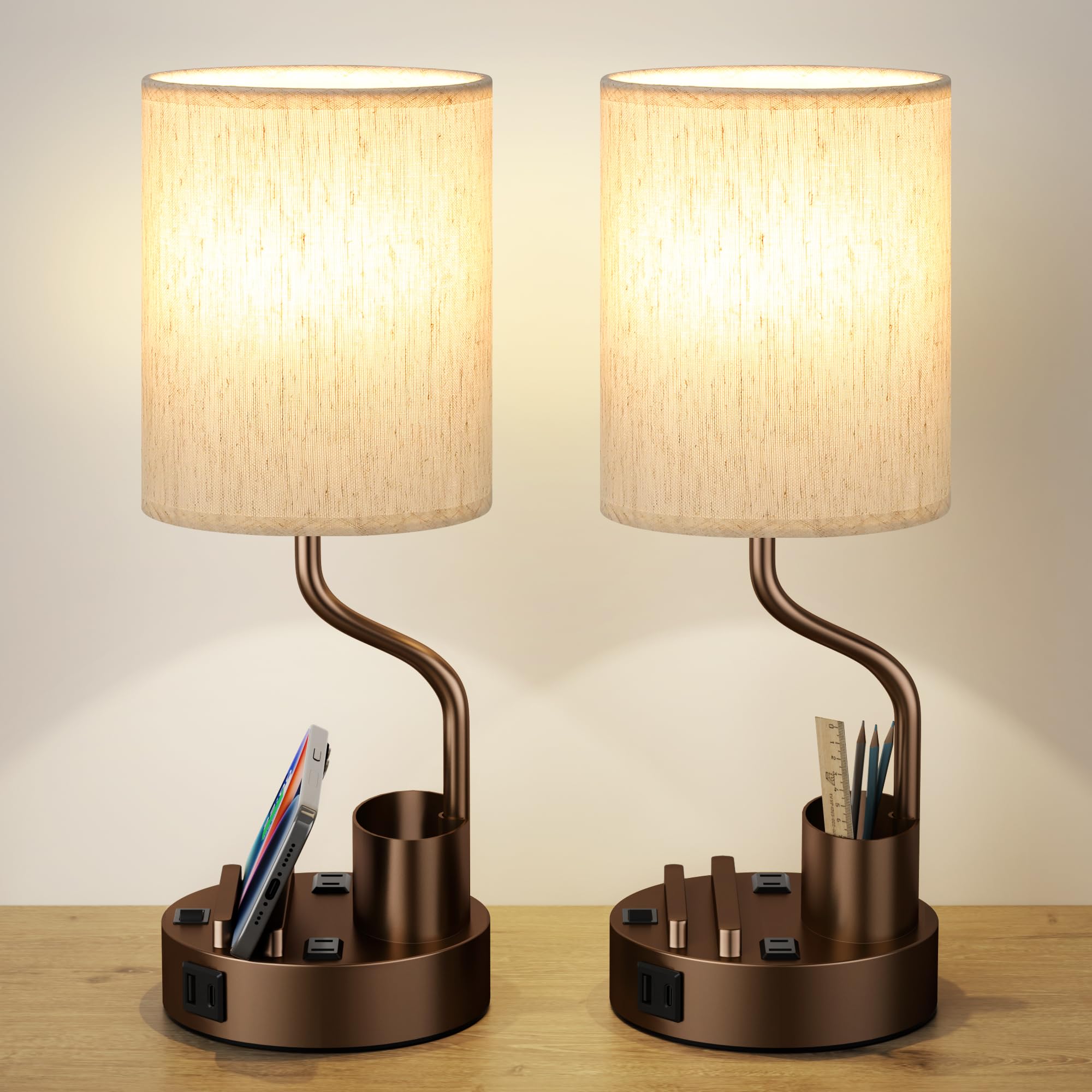 Bedside Table Lamps for Bedroom Set of 2 - Nightstand Lamp with AC ...