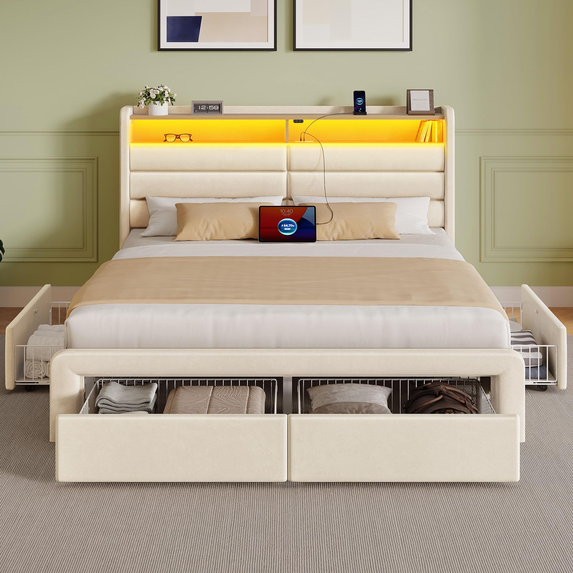 Amazon.com: Seventable Queen Size Bed Frame with 4 Storage Drawers ...