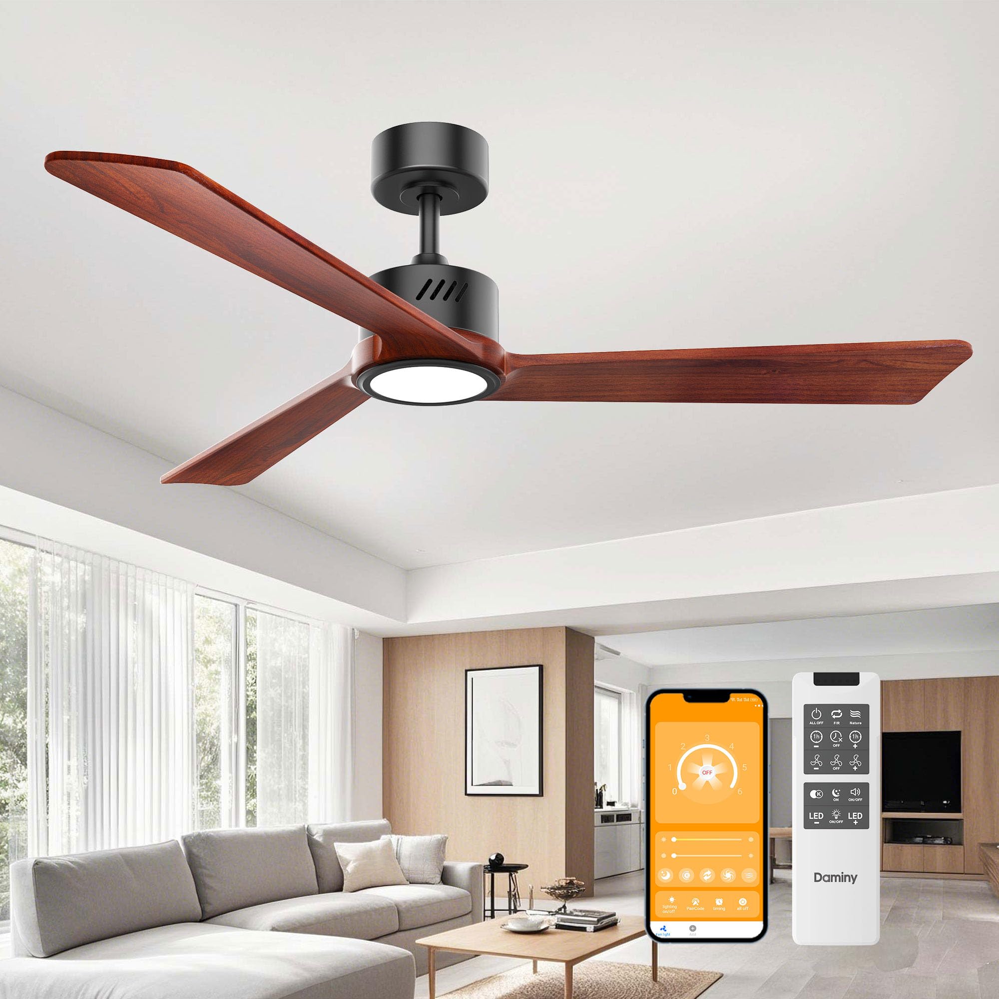 Amazon.com: DAMINY Natural Solid Wood 52 inch Ceiling Fan with Light,3 ...