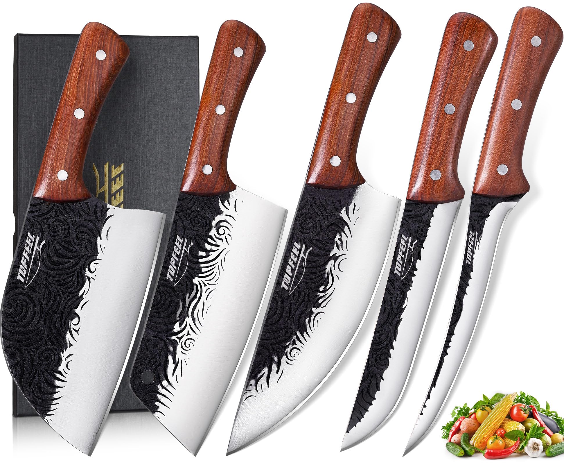 Amazon.com: Topfeel Butcher Knife Set 5PCS, Hand Forged Kitchen Knife ...