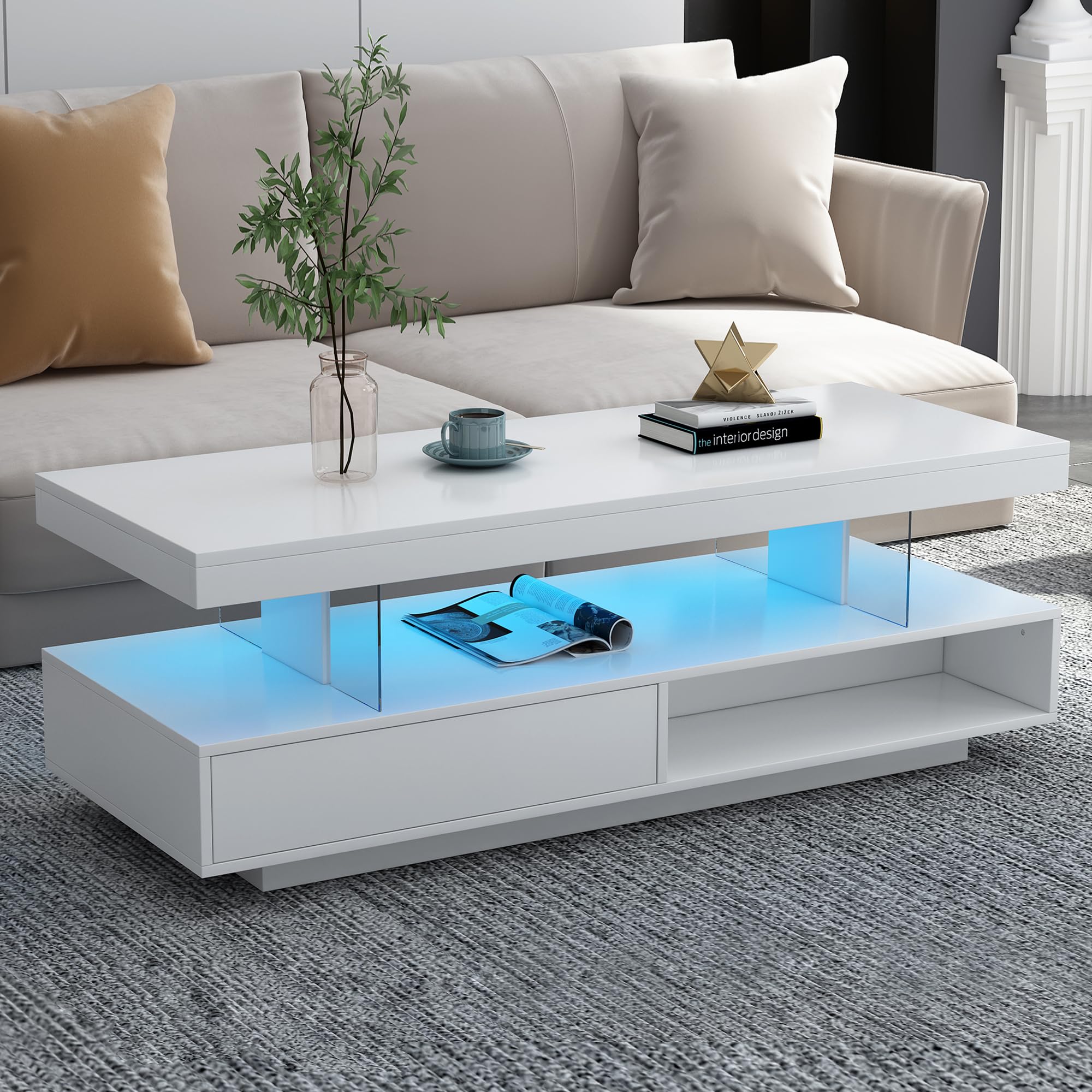 Amazon.com: Modern LED Coffee Table with Storage, High Gloss Cocktail ...