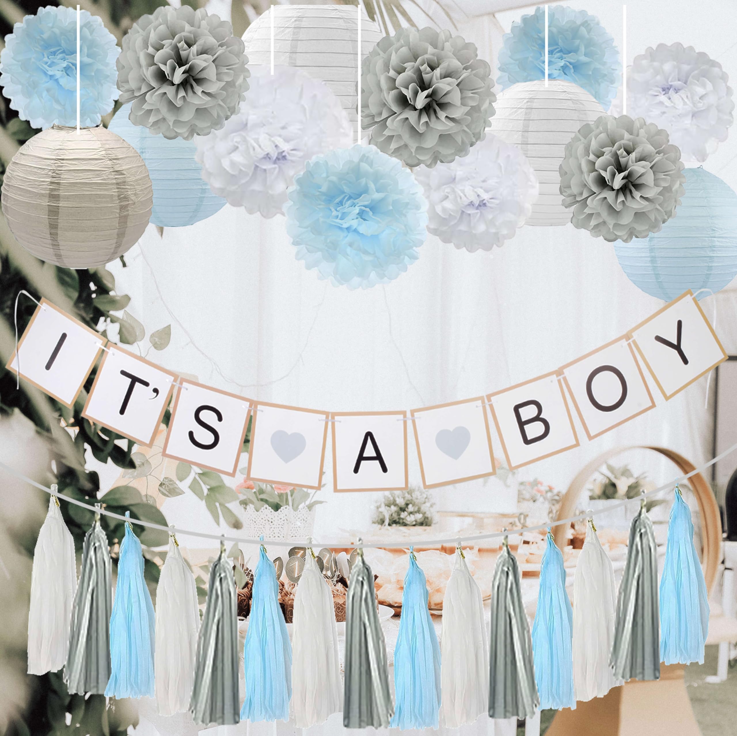 Amazon.com: Baby Shower Decorations for Boy (Blue, White, Grey)- It's A ...