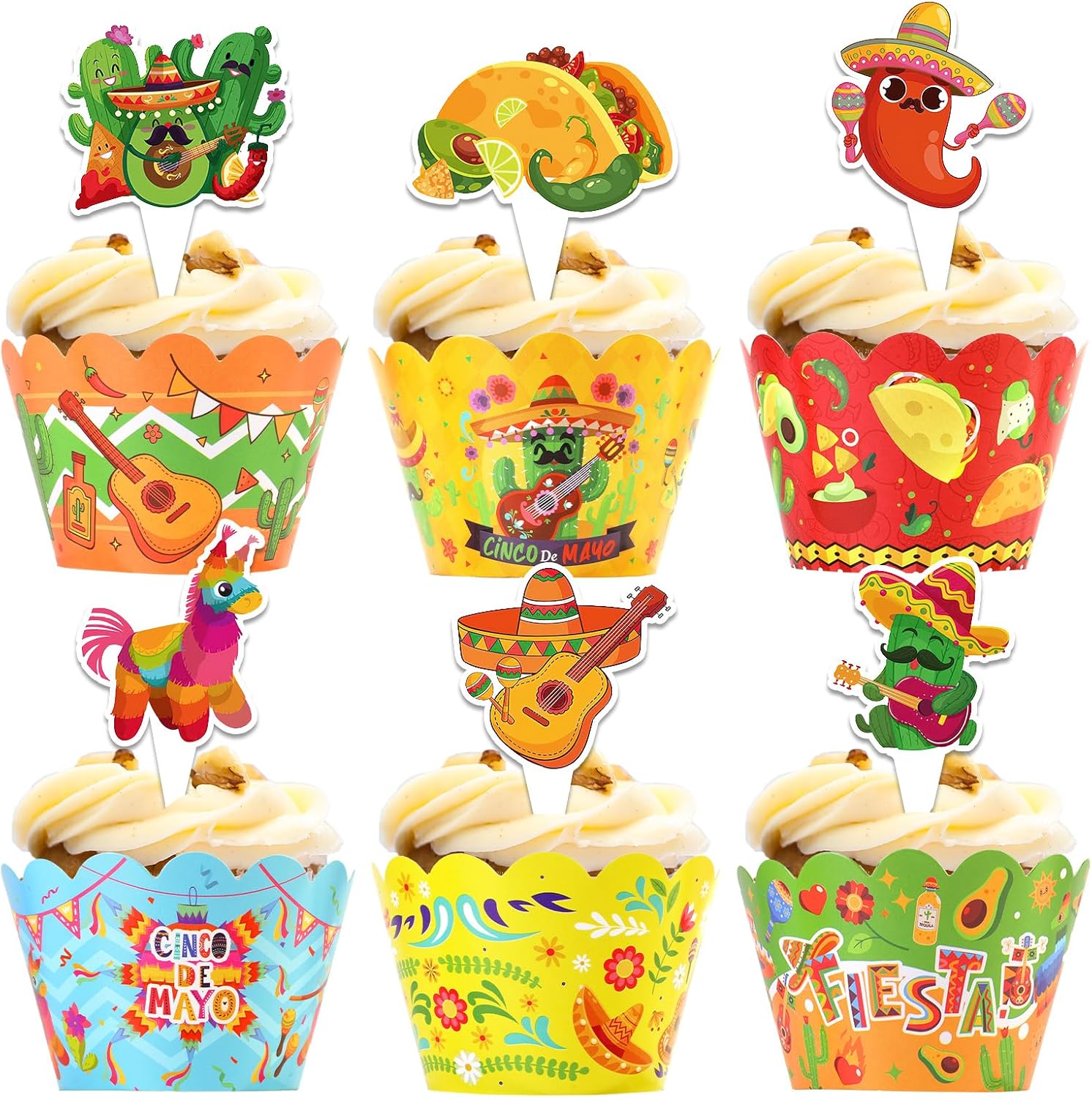 Amazon.com: HOWAF Cinco De Mayo Cupcake Wrapper Cupcake Toppers, 48pcs ...