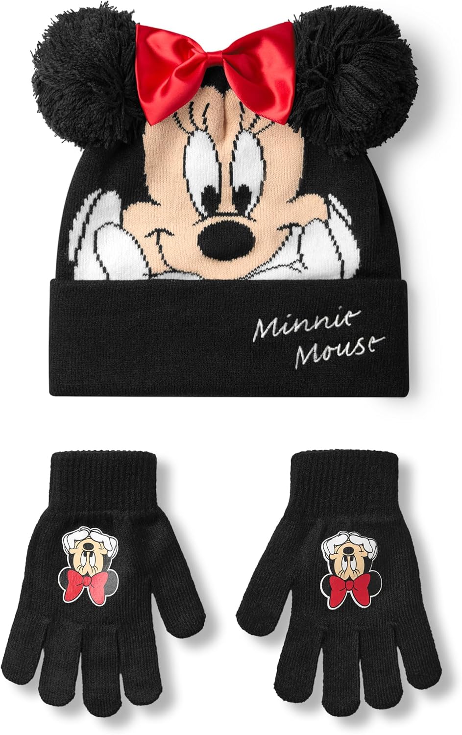 Disney Minnie Mouse Girls Beanie Hat & Gloves Set | Black Knitted ...