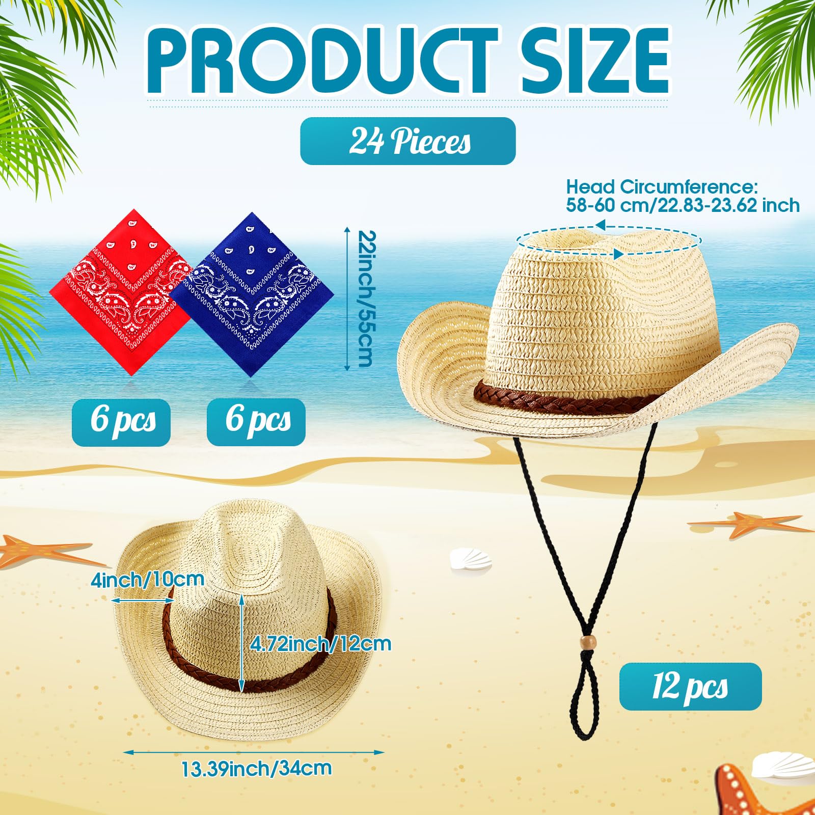 SATINIOR 12 Set Straw Cowboy Caps and Bandanas Cowboy Party cap Costume ...