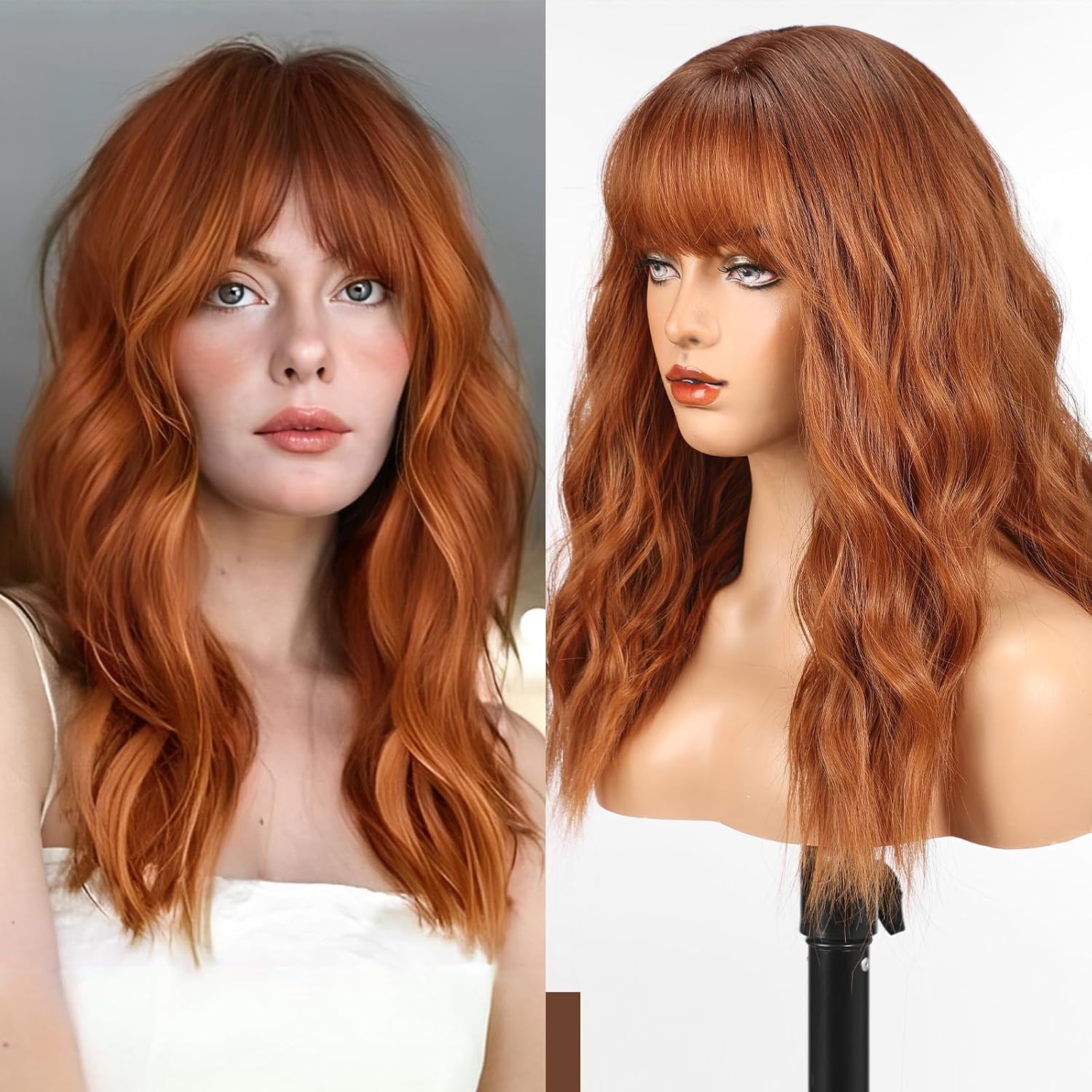WOKESTAR Long Wig with Fringe Synthetic Wavy Wigs for Women Ginger ...