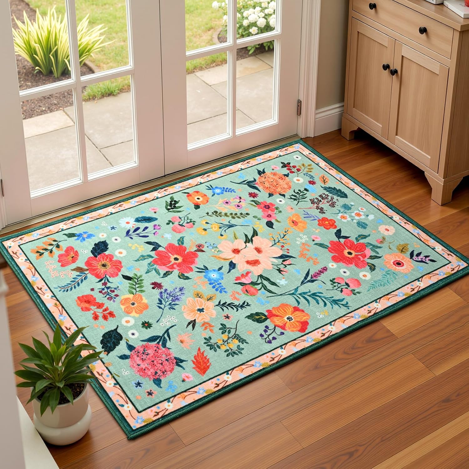 Amazon.com: Terrug Floral Entryway Rug, 2x3 Green Rug Boho Washable ...