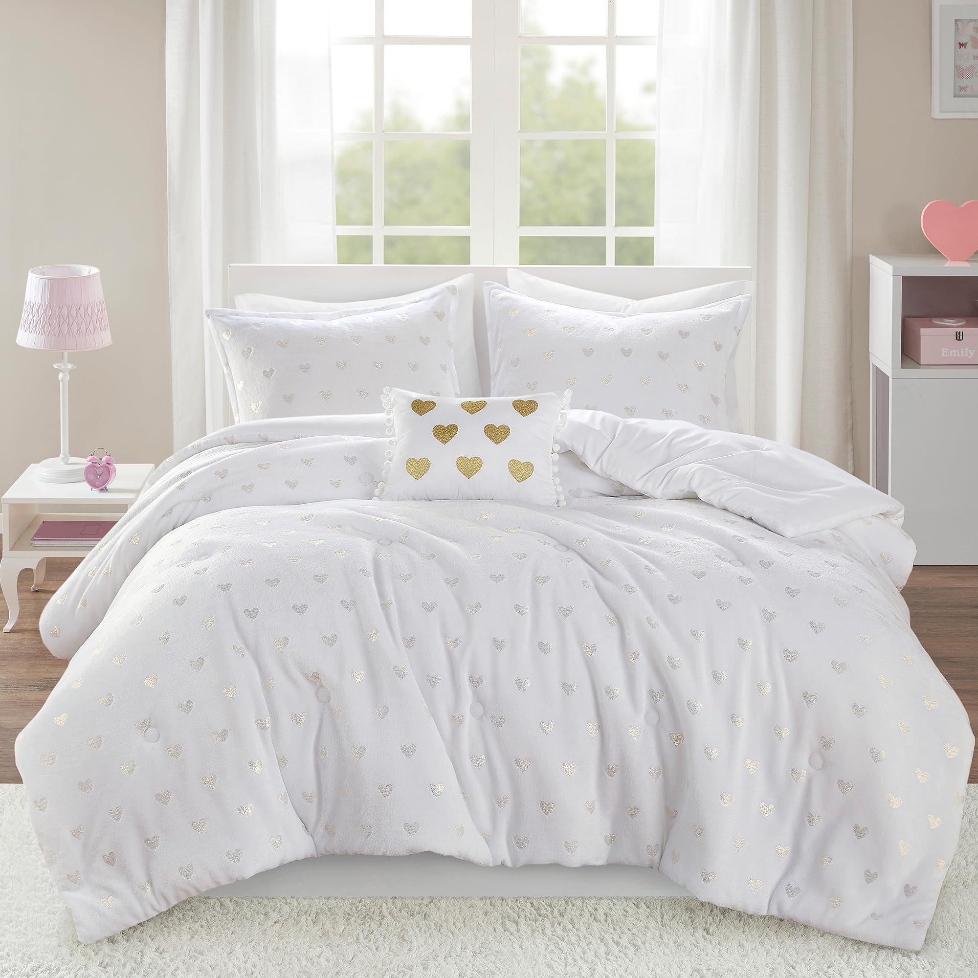 Amazon.com: Mi Zone Queen Comforter Set, 4 Piece Metallic Hearts ...