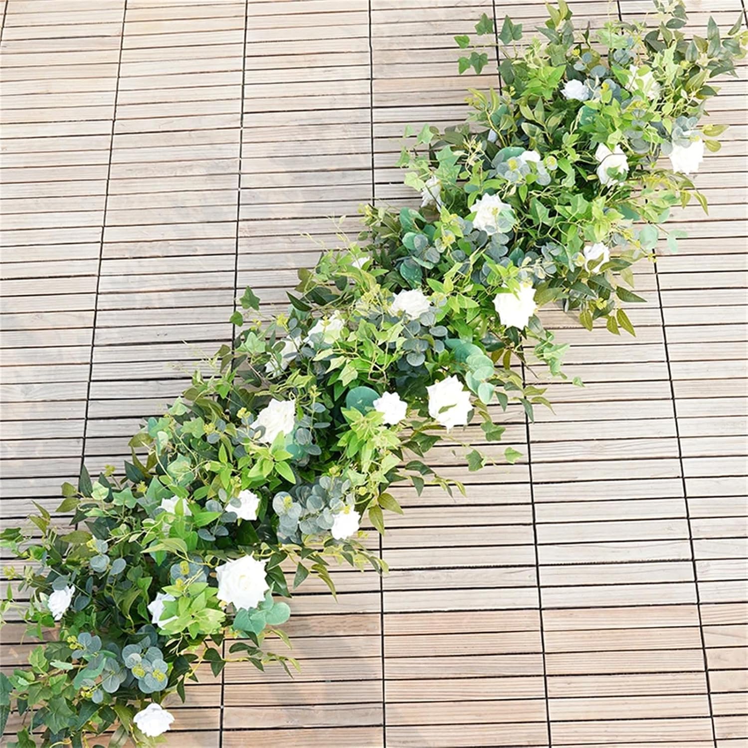 Amazon.com: 2m White Rose Wedding Flower with Eucalyptus Green Leaf ...